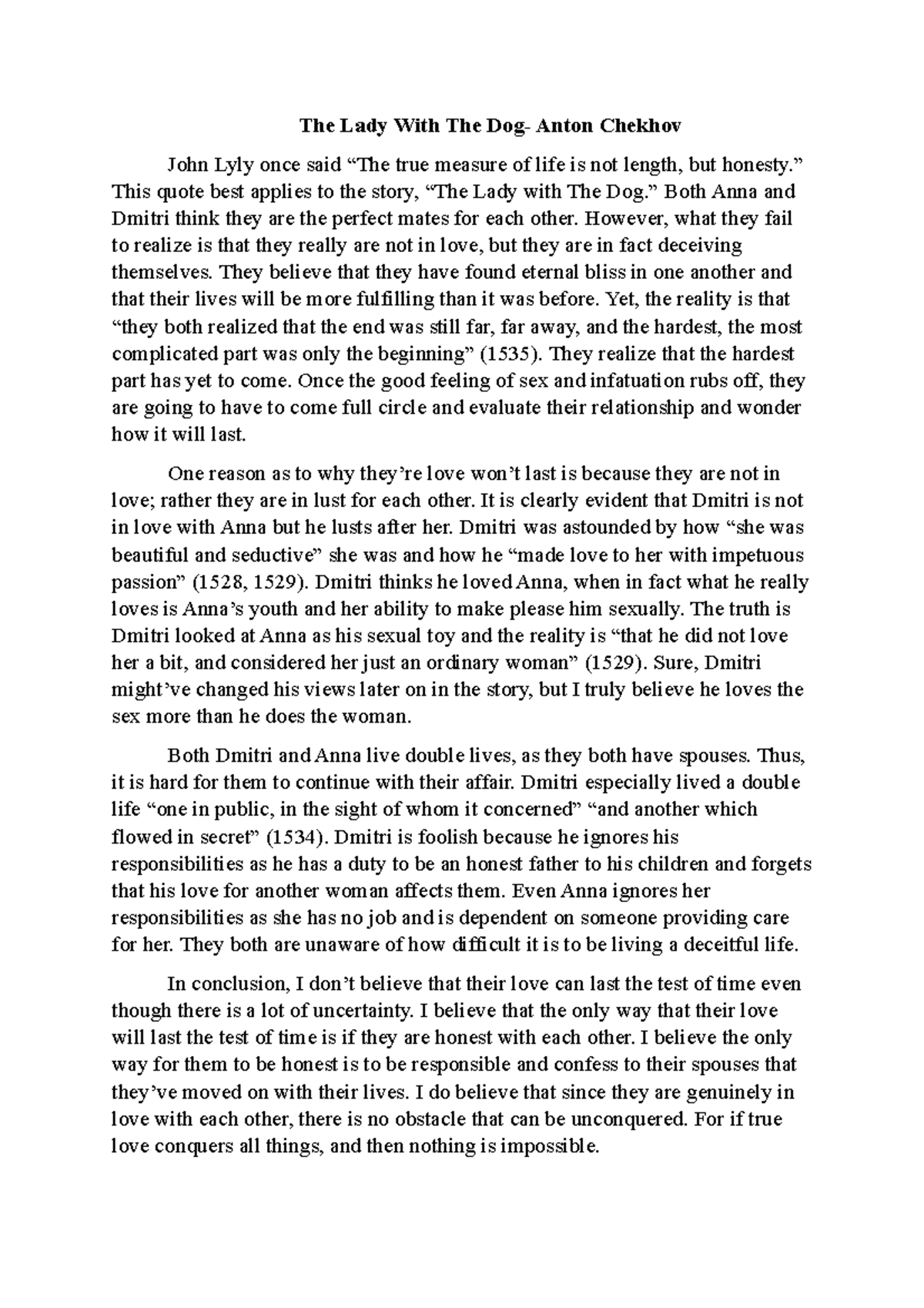 The Lady With The Dog- Anton Chekhov - ” This quote best applies to the ...