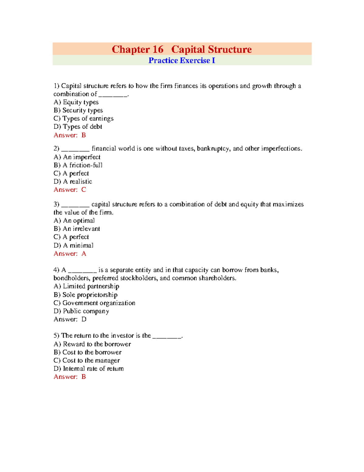 CH16 revision - fin - Chapter 16 Capital Structure Practice Exercise I ...