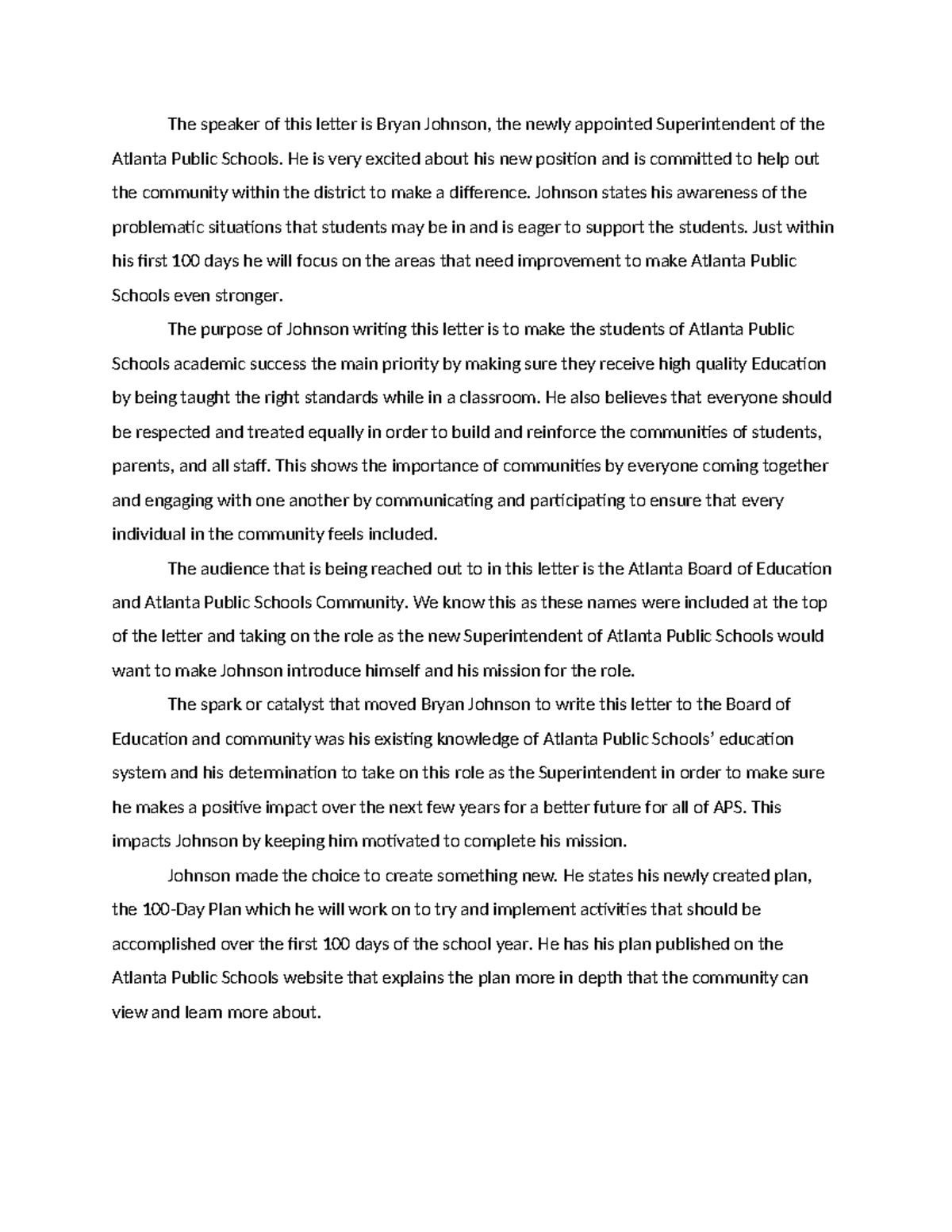 AP Lang - New Superintendent letter - The speaker of this letter is ...