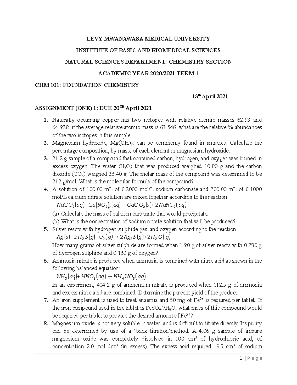 CHM101 Assignment - che 101 - LEVY MWANAWASA MEDICAL UNIVERSITY ...