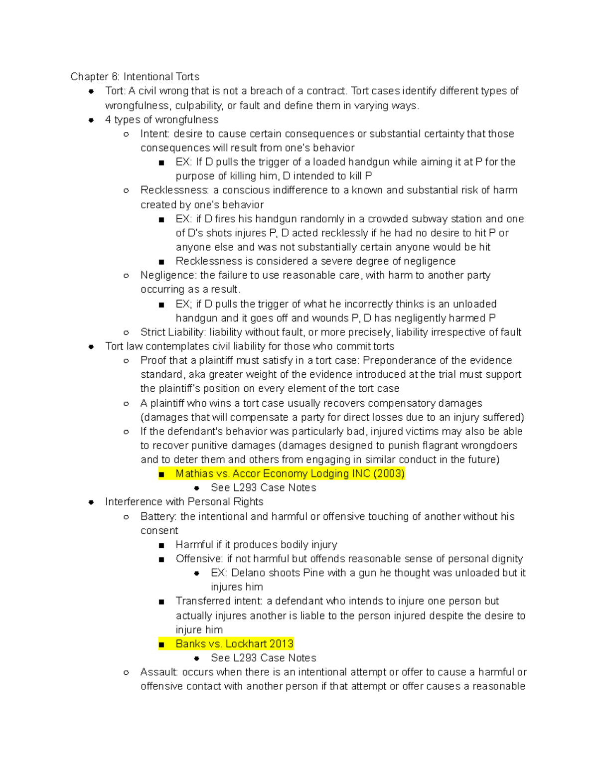Chapter 6 Notes Intentional Torts - Chapter 6: Intentional Torts Tort ...