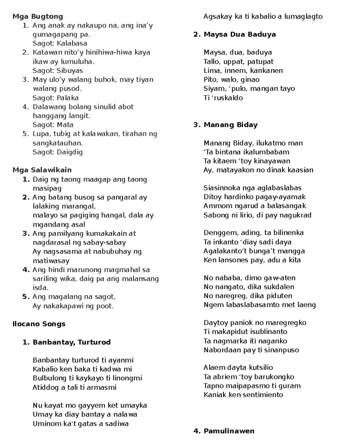 Bugtong-Salawikain-Kanta - Mga Bugtong 1. Ang anak ay nakaupo na, ang ...