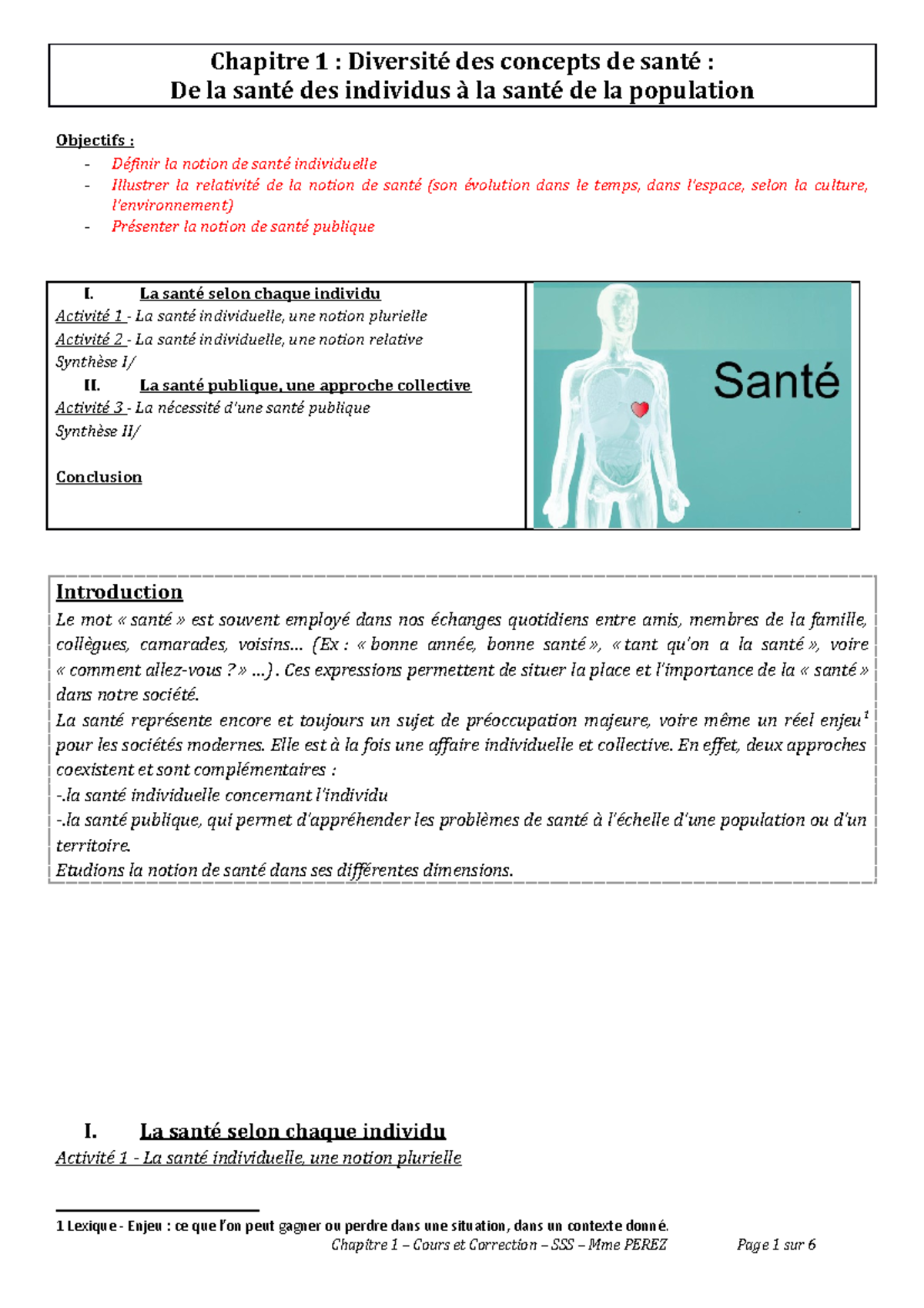 Chapitre la santé individuelle et collective - Chapitre 1 : Diversité ...