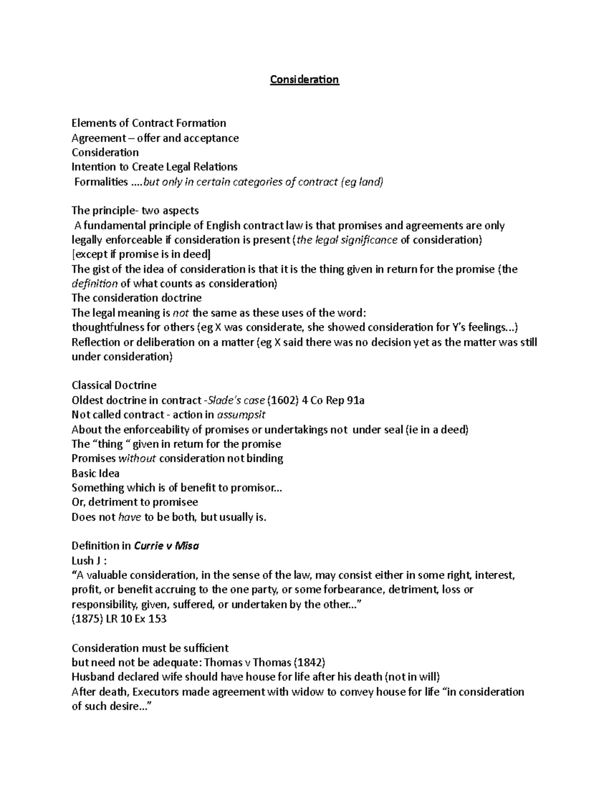 Consideration - Lecture notes 3 - Consideration Elements of Contract ...