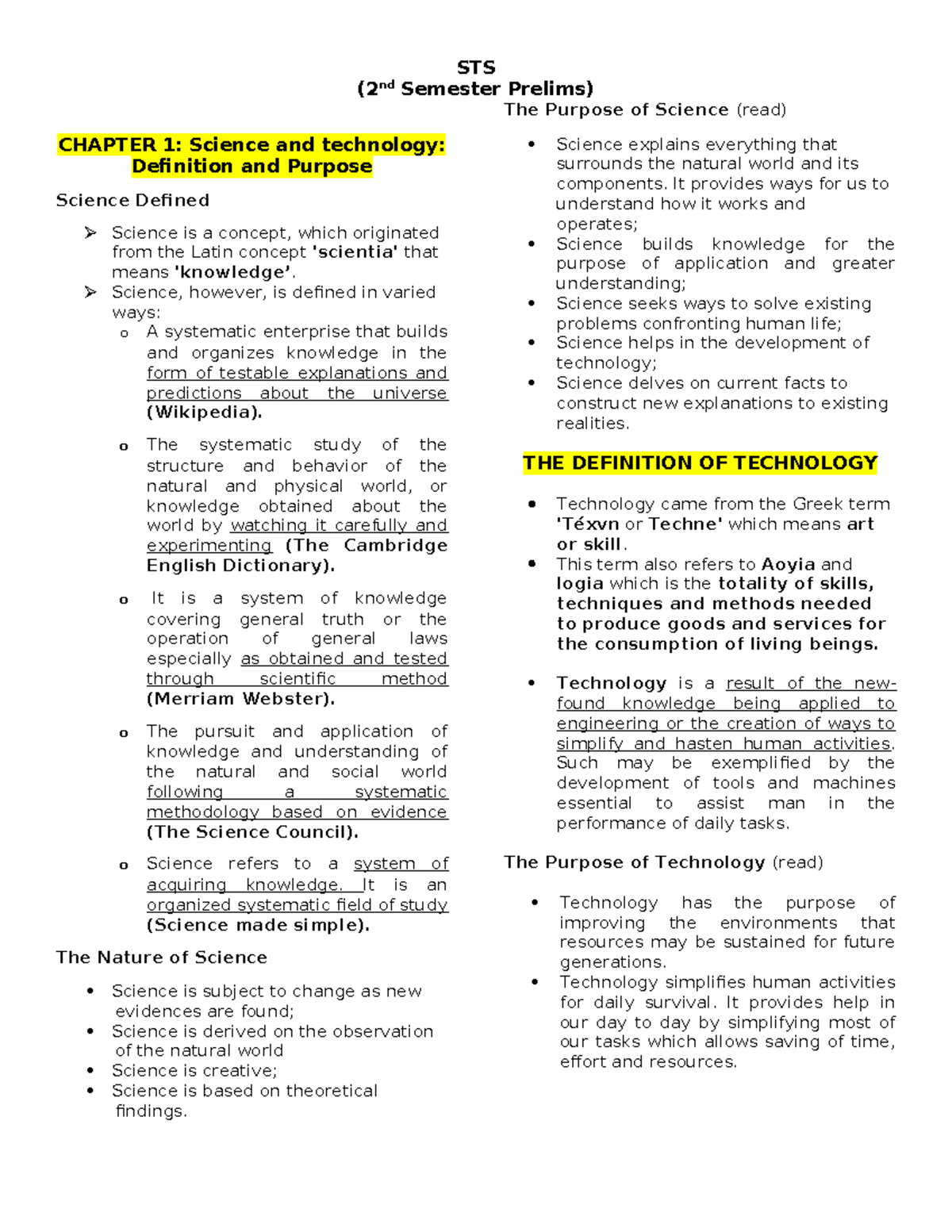 STS Reviewer (Prelims) - (2nd Semester Prelims) CHAPTER 1: Science and technology: Definition ...