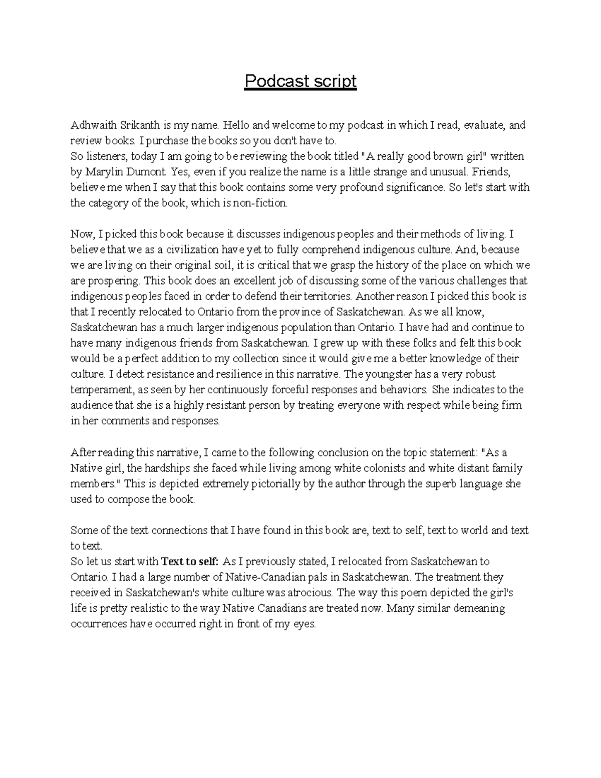 Untitled document-2 - nnnnnnnnnnnn - Podcast script Adhwaith Srikanth is my name. Hello and ...