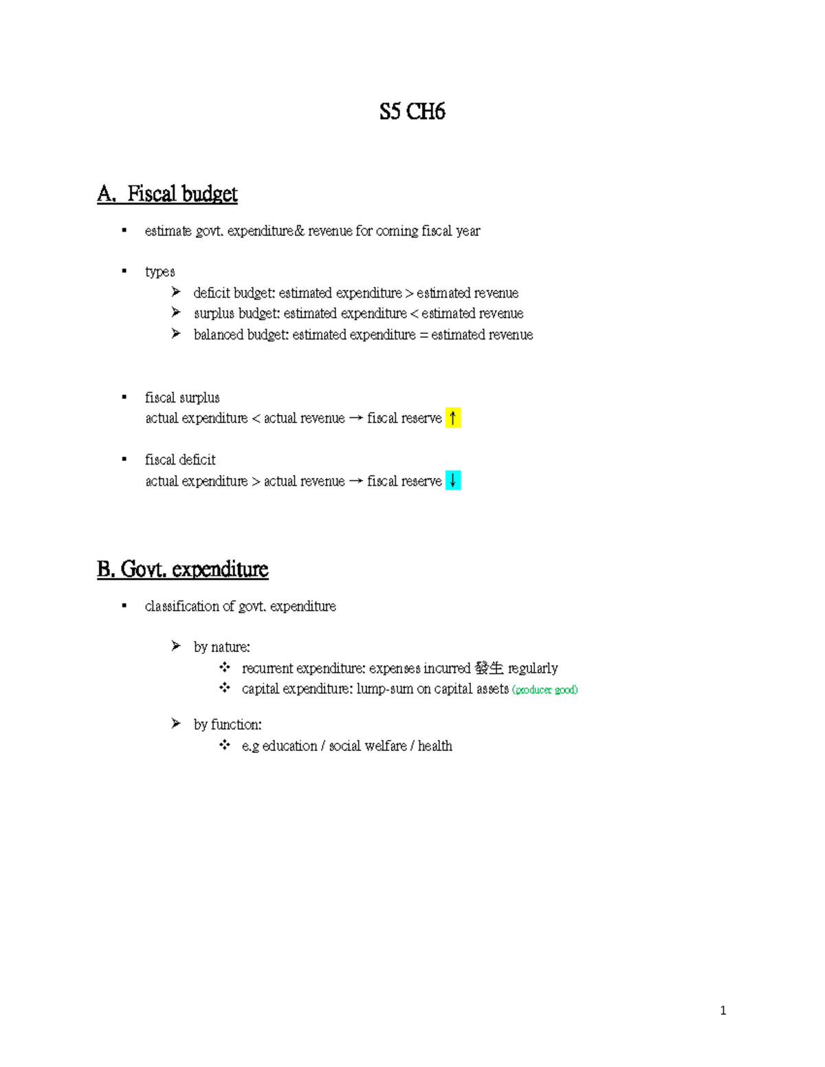 S5 CH6 - IB notes - S5 CH 6 A. Fiscal budget estimate govt. expenditure ...