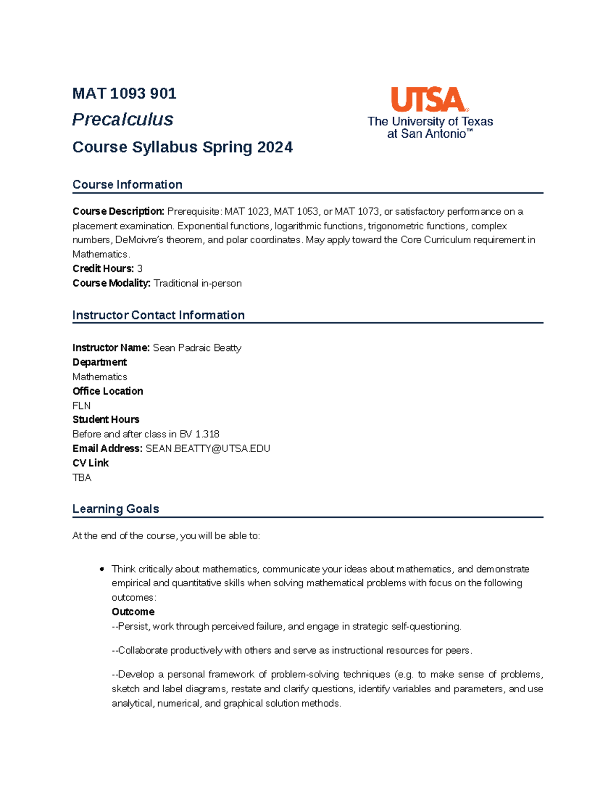 Pre-Calculus Syllabus 2024 - MAT 1093 901 Precalculus Course Syllabus ...