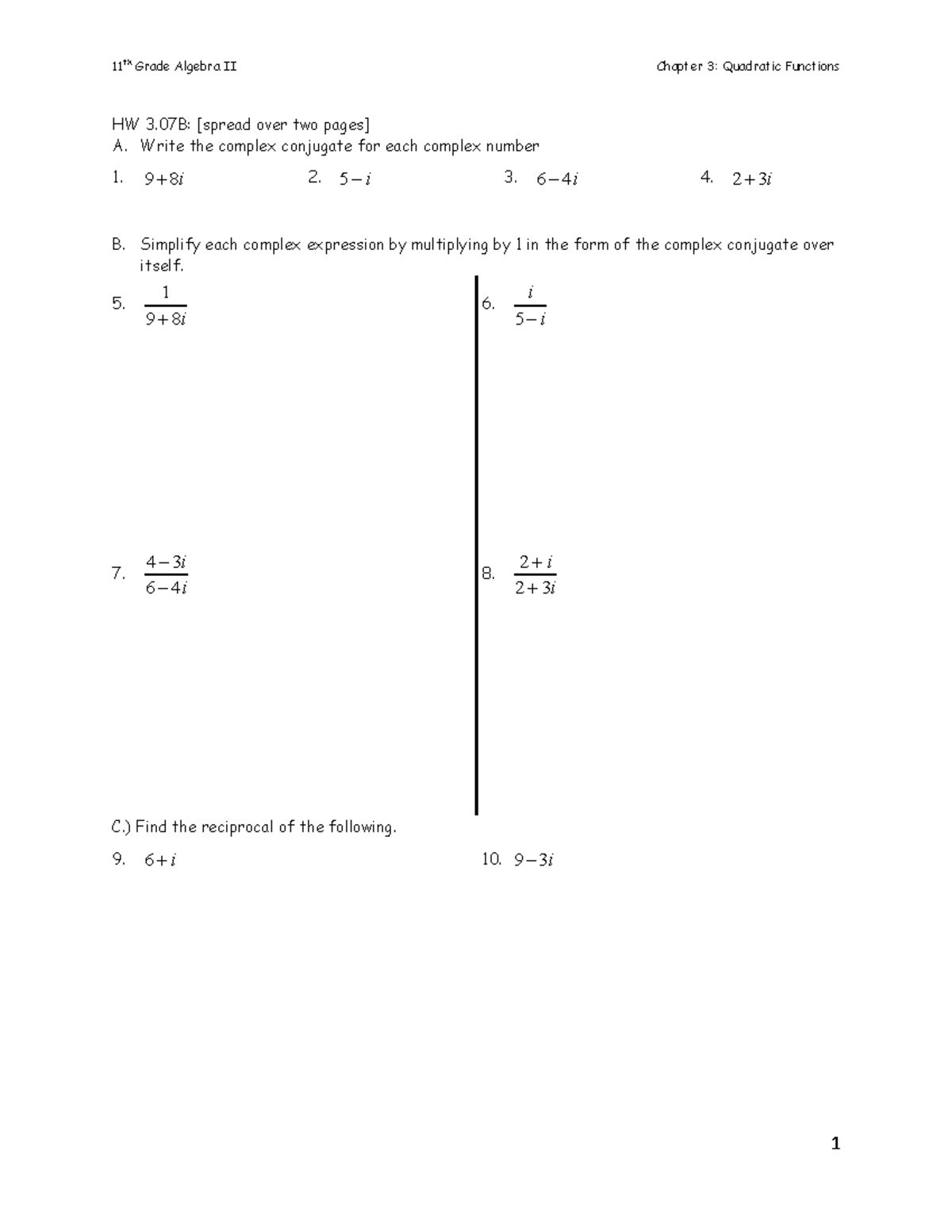 Alg2 11th HW 3 07B Complex Numbers - 11 th Grade Algebra II Chapter 3 ...