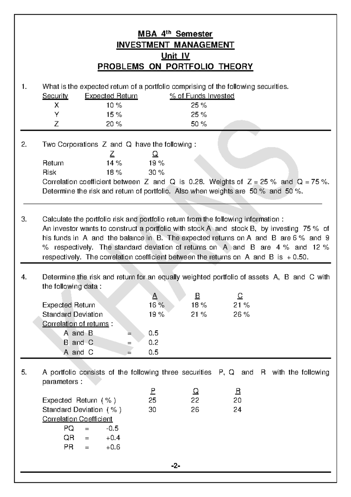MBA 4 Sem I M Unit IV Probs on Portfolio Theory - MBA 4th Semester ...
