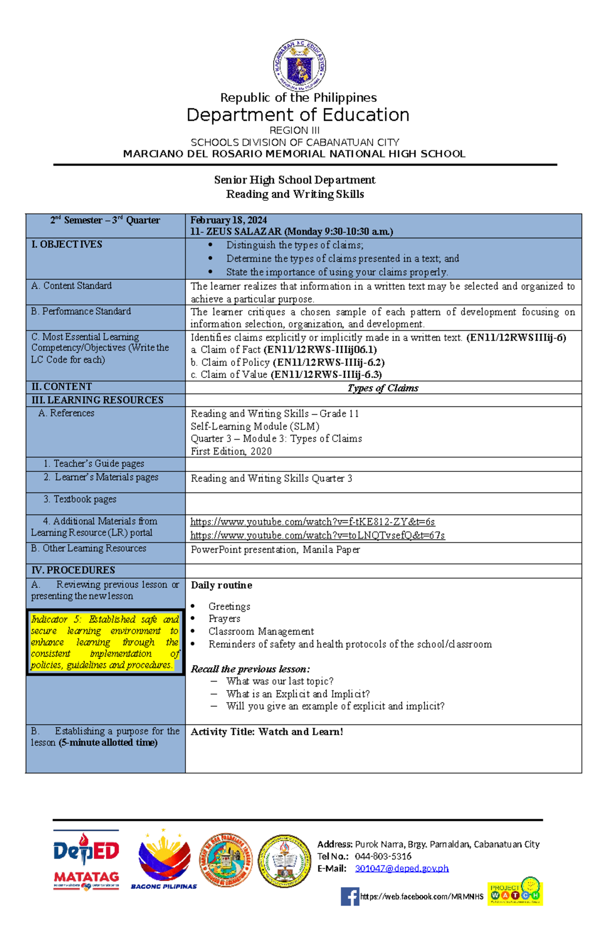 DLP CO3 Types OF Claim - Lesson plan - Address: Purok Narra, Brgy ...