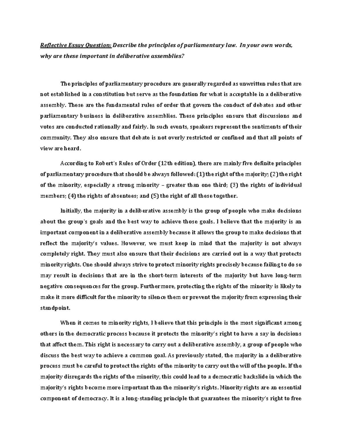 Reflective Essay about Principles of Parliamentary Law - Reflective ...