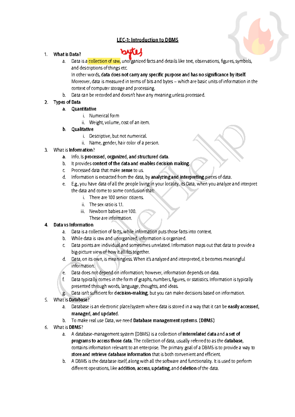 DBMS Full Notes - LEC-1: Introduction to DBMS What is Data? a. Data is ...
