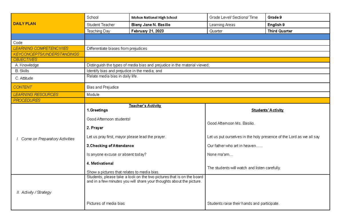 Lesson-PLAN-3 - School purposes - DAILY PLAN School Mohon National High ...