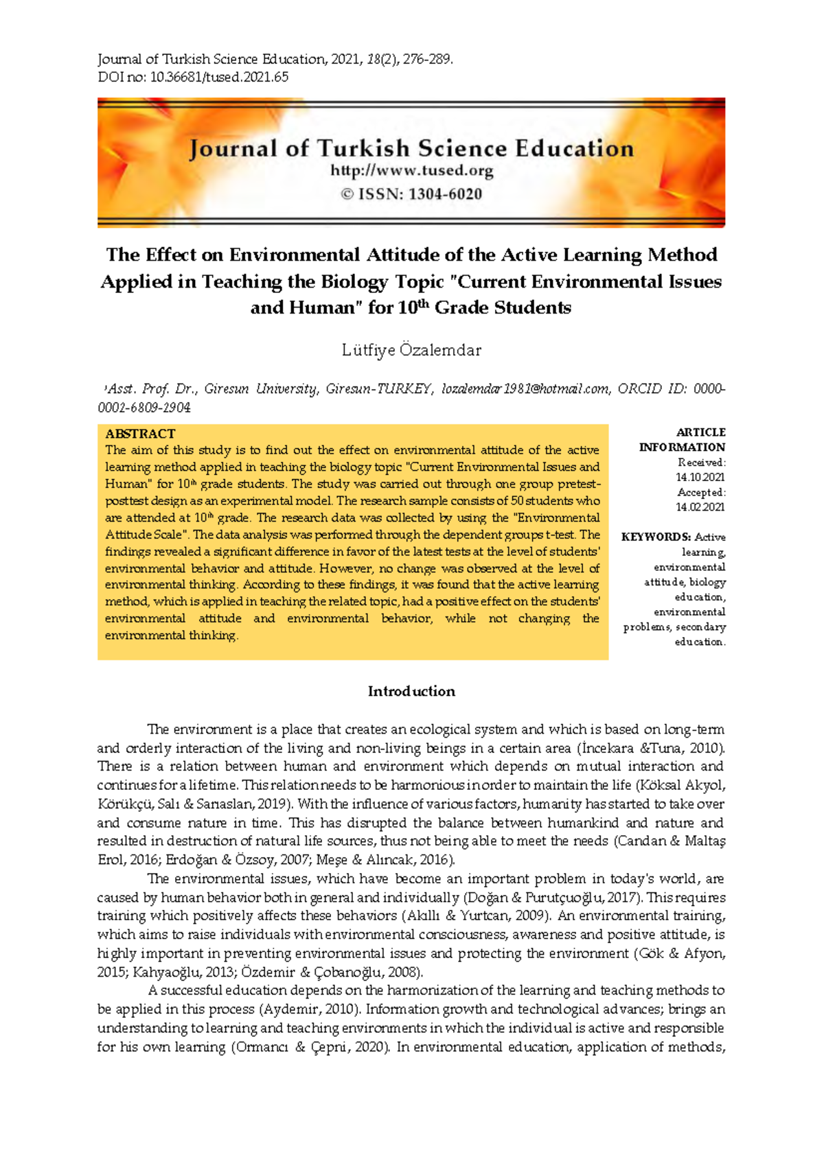 EJ1306232 - Mandatory assignment 2022 - Journal of Turkish Science Education, 2021 , 18 (2), 276 ...