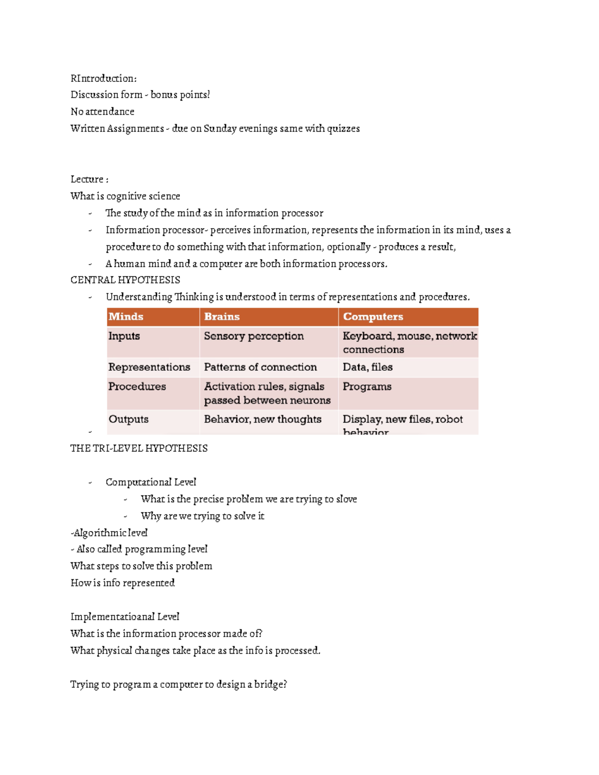 Cognitive Science Lectures - RIntroduction: Discussion form - bonus points! No attendance ...