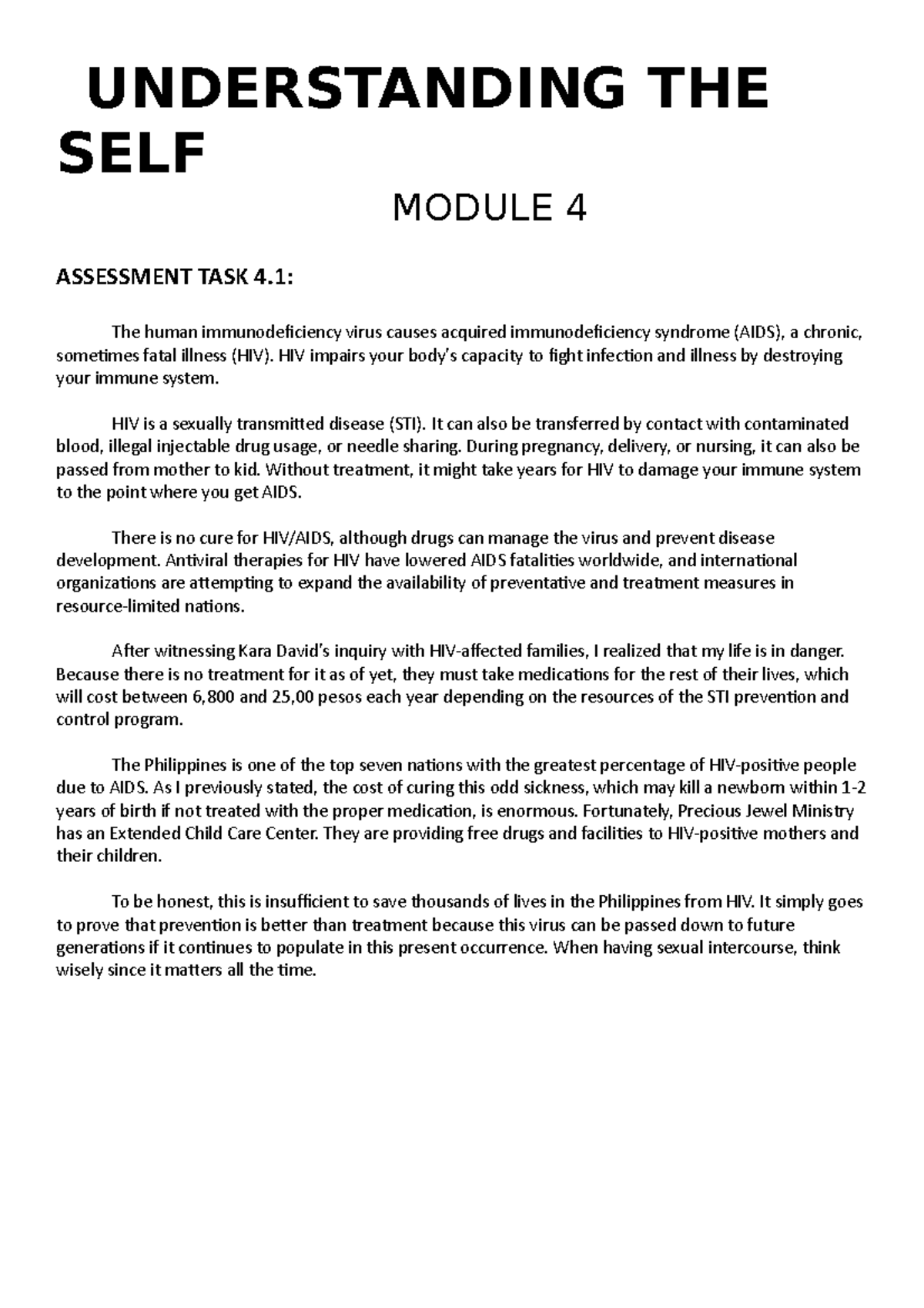 Understanding THE SELF 4 - UNDERSTANDING THE SELF MODULE 4 ASSESSMENT ...