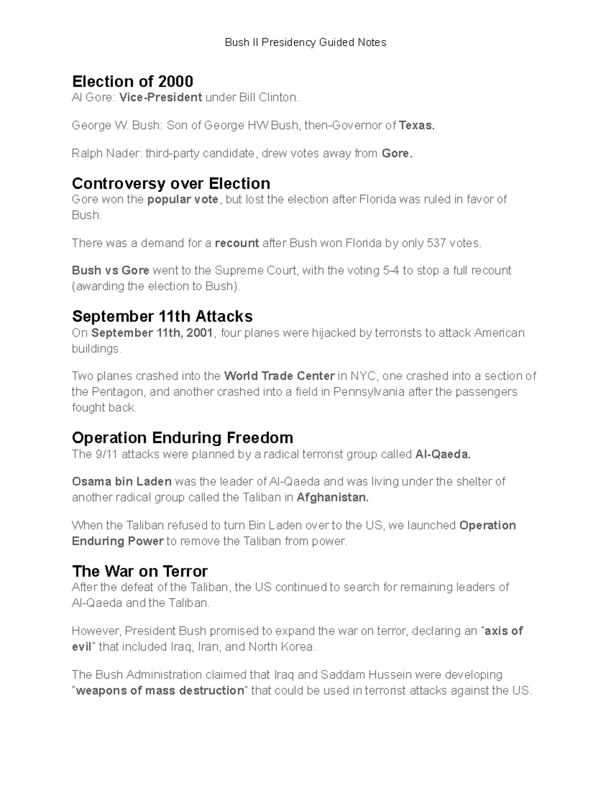 Bush II Presidency Guided Notes - Bush II Presidency Guided Notes ...