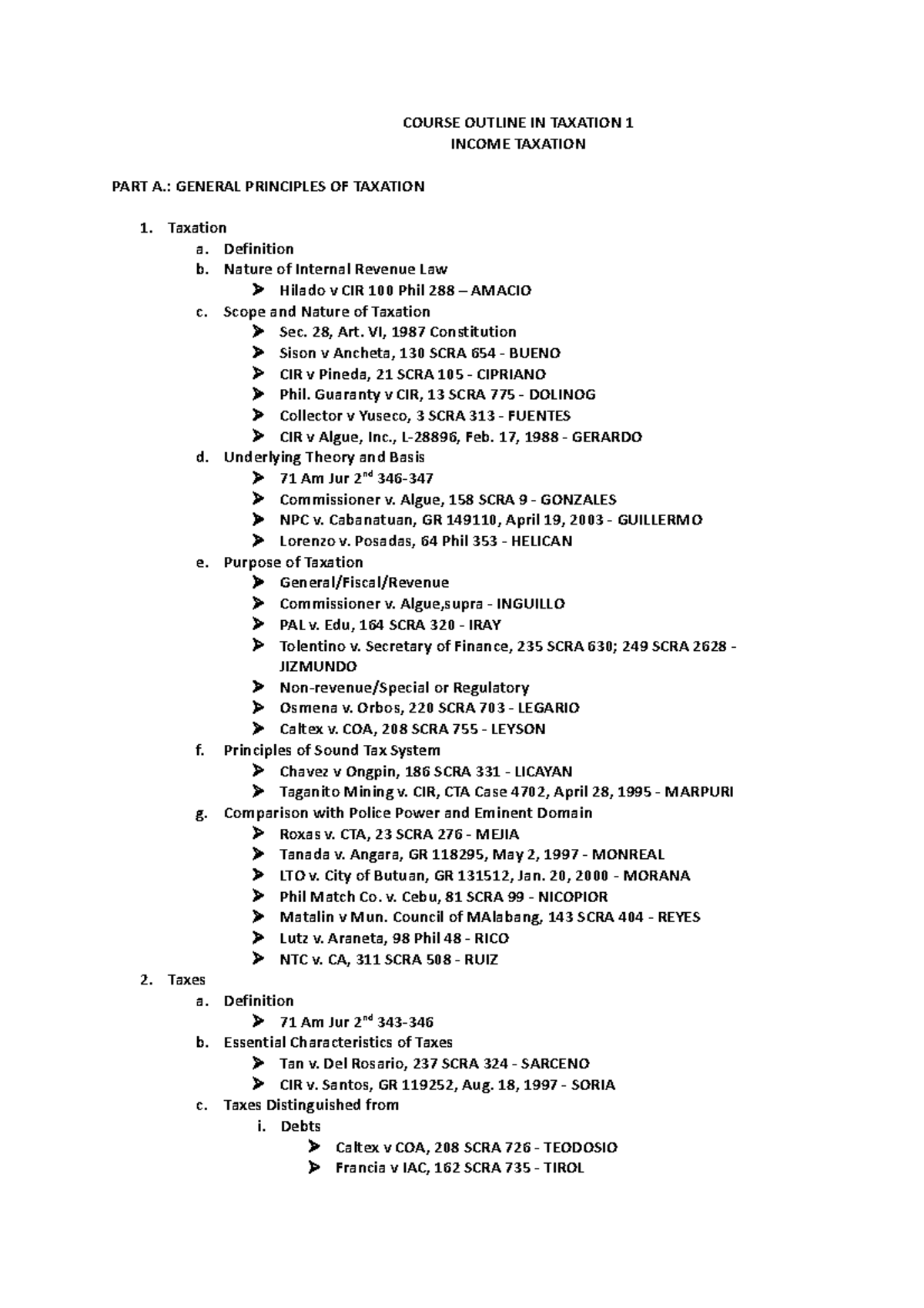 Course- Outline-IN- Taxation-1-Cases-Assigned - COURSE OUTLINE IN ...
