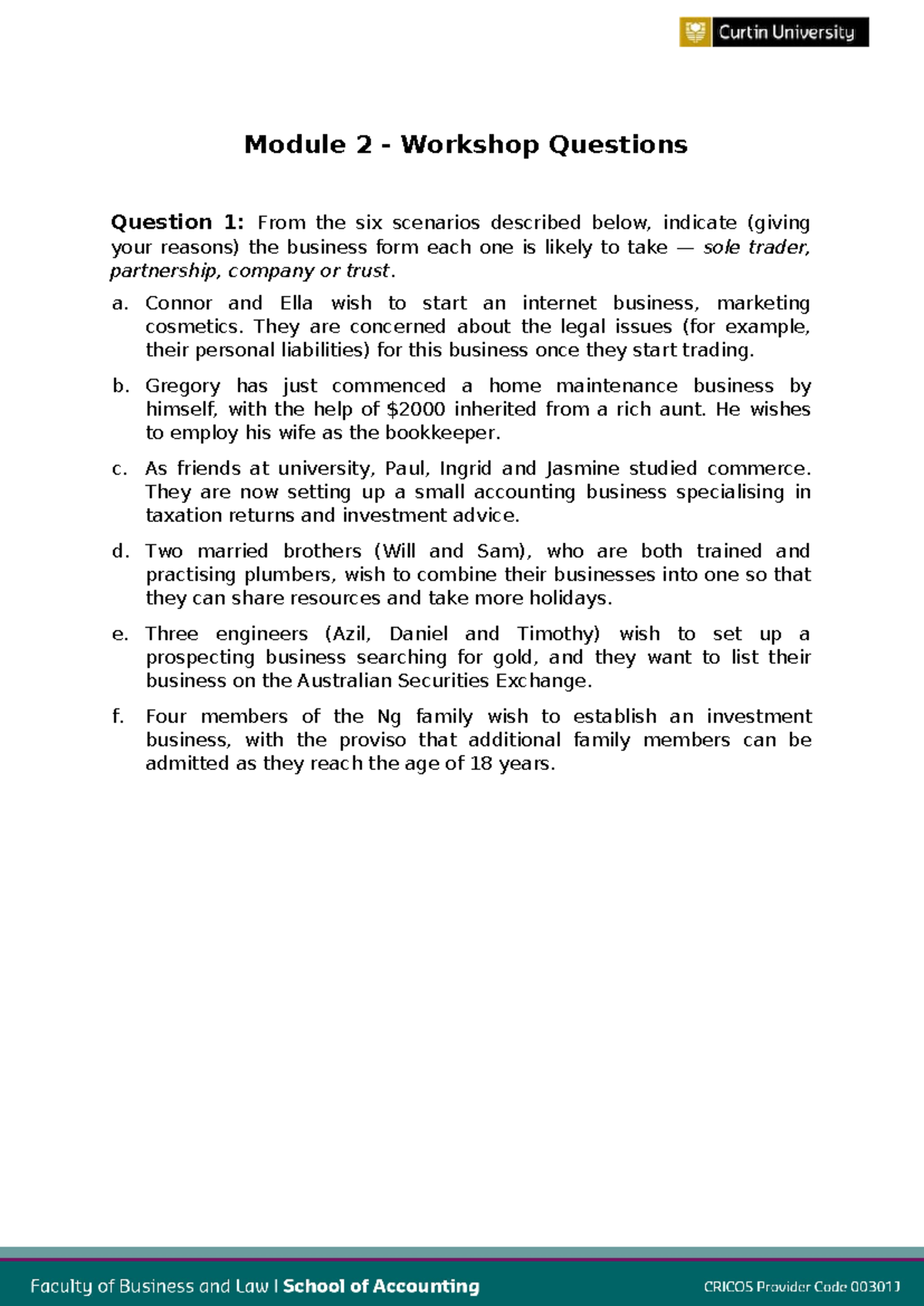 ACCT1002 M2 Workshop Questions - Module 2 - Workshop Questions Question ...