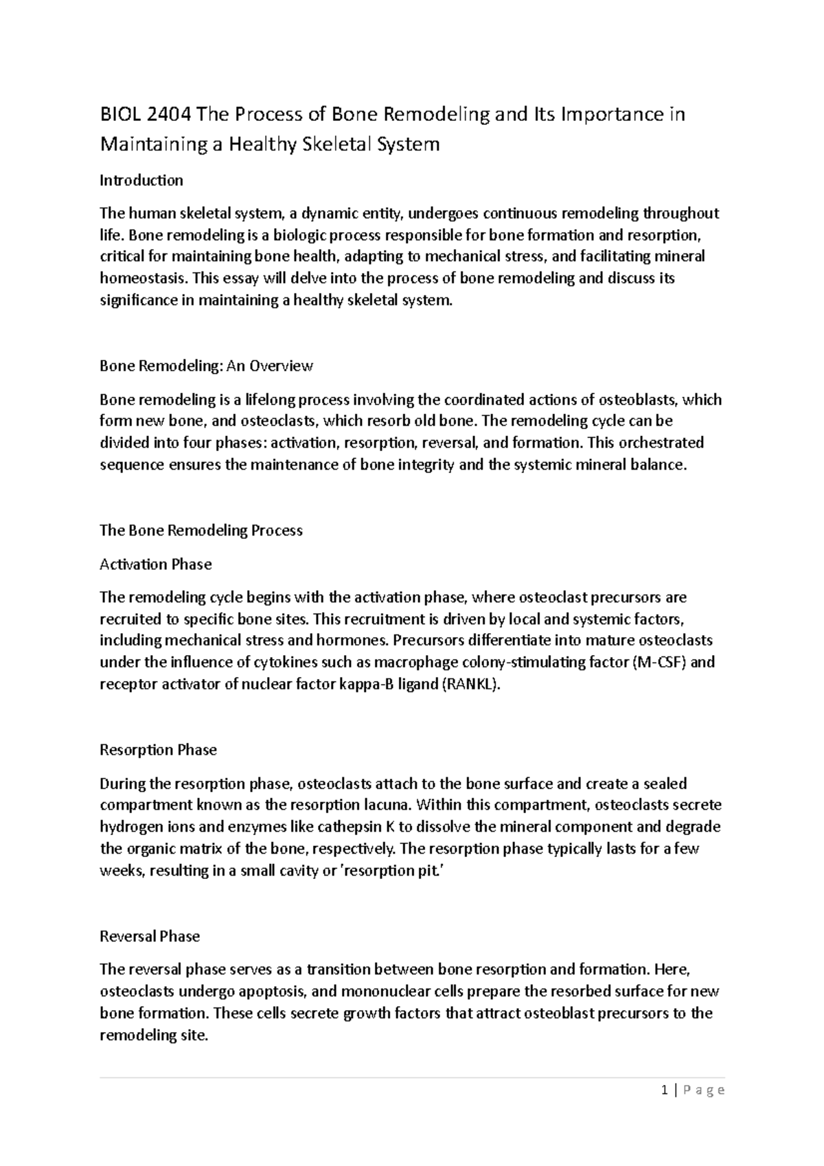 BIOL 2404 The Process of Bone Remodeling and Its Importance in ...