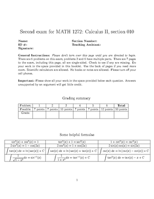 Practice Midterm #1 - 1 st midterm for MATH 1272: Calculus II, section 030 Name: Section Number ...