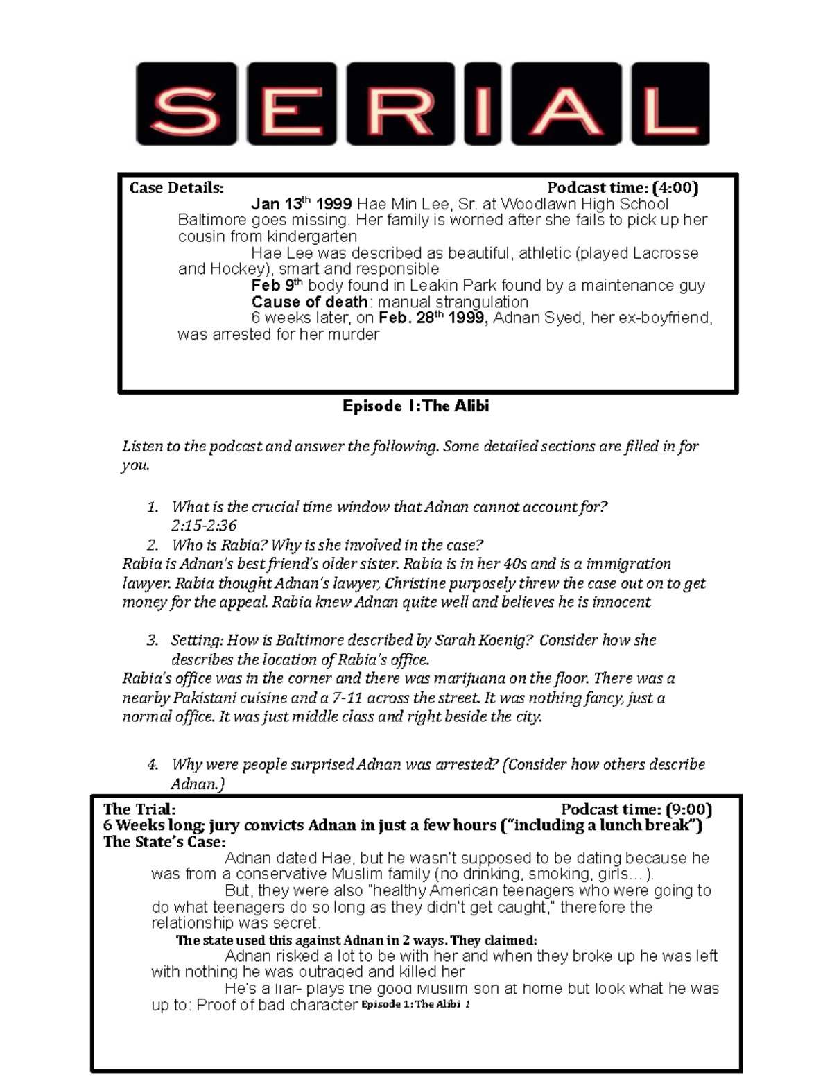 Serial Episode 1 The Alibi Handout - Educational Resources | Picstank