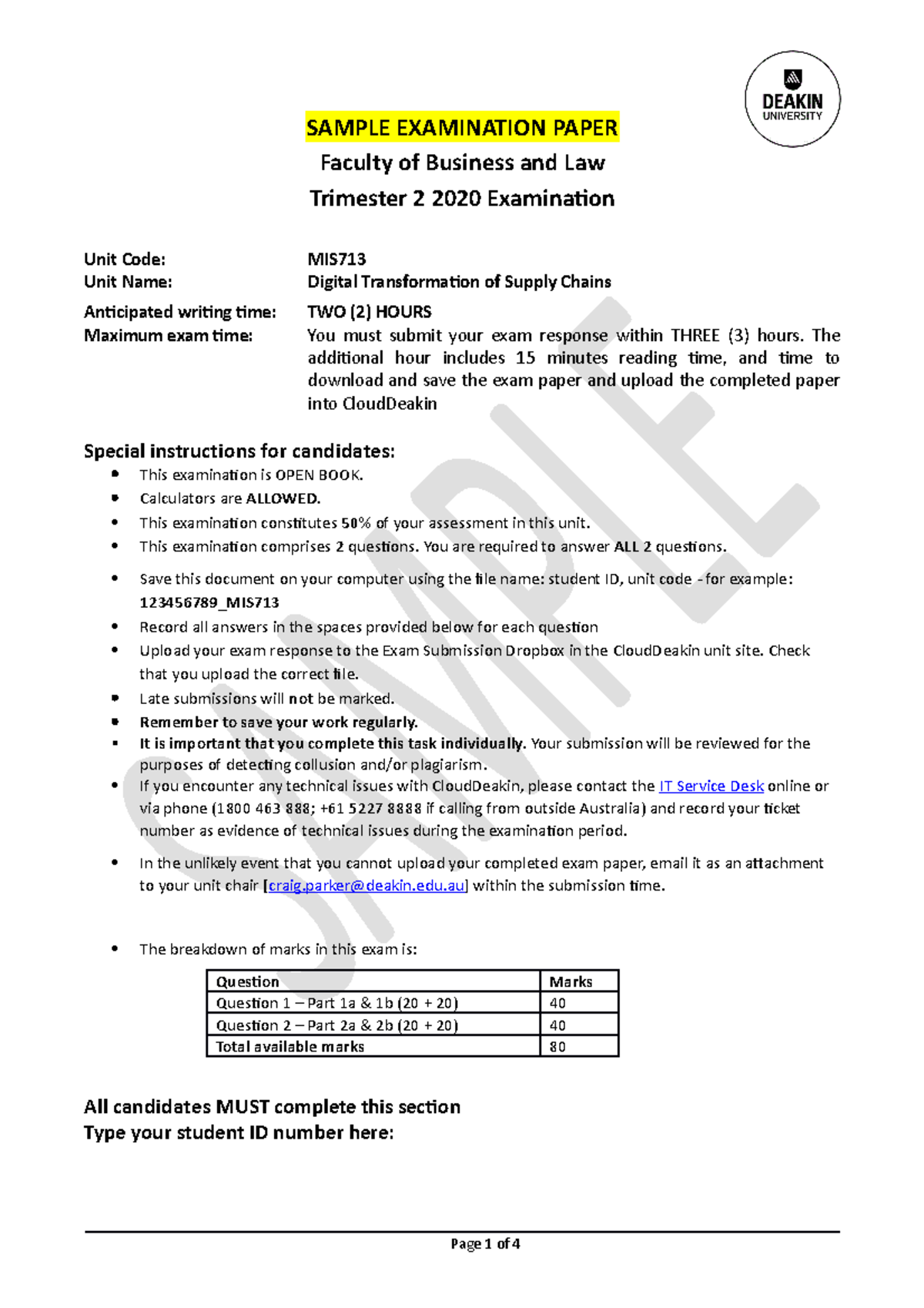 Practice Exam Supply Chain - SAMPLE EXAMINATION PAPER Faculty of ...
