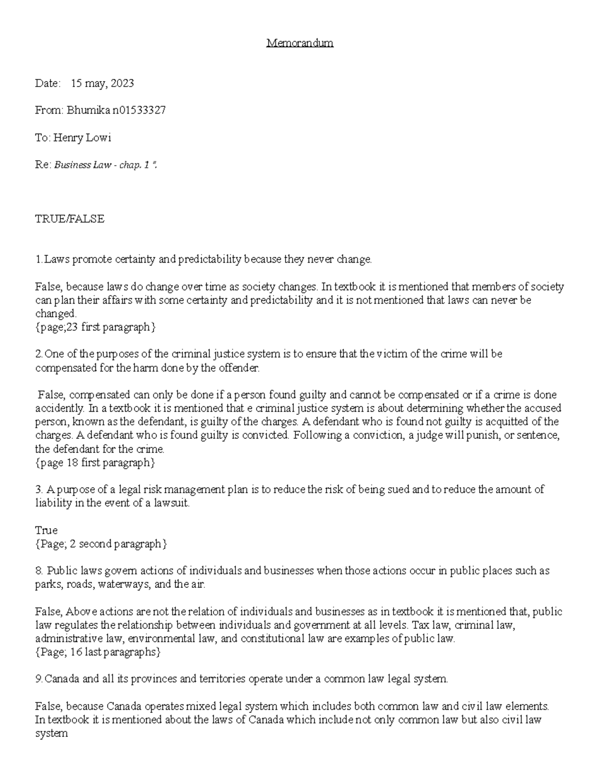 Bhumika - Business Law - chap. 1 - Memorandum Date: 15 may, 2023 From ...