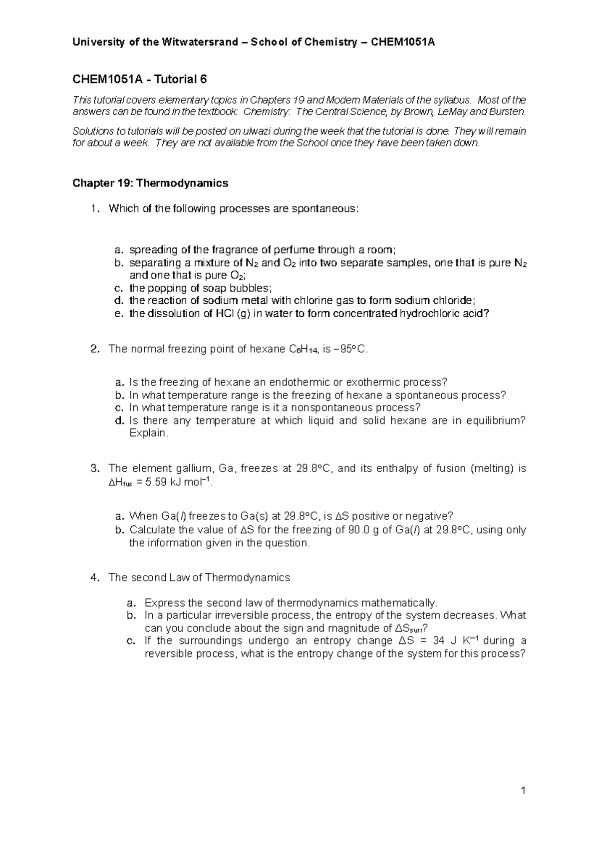 CHEM1051A Tut 6 2024 v2 - CHEM TUT 6 - CHEM1051A - Tutorial 6 This tutorial covers elementary ...