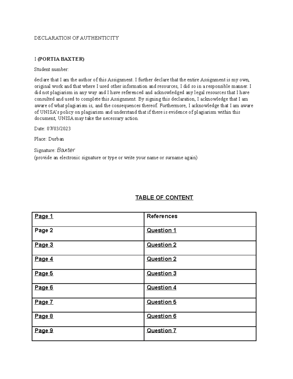 Document - This is communication Law 1501 assignment 1 - DECLARATION OF ...