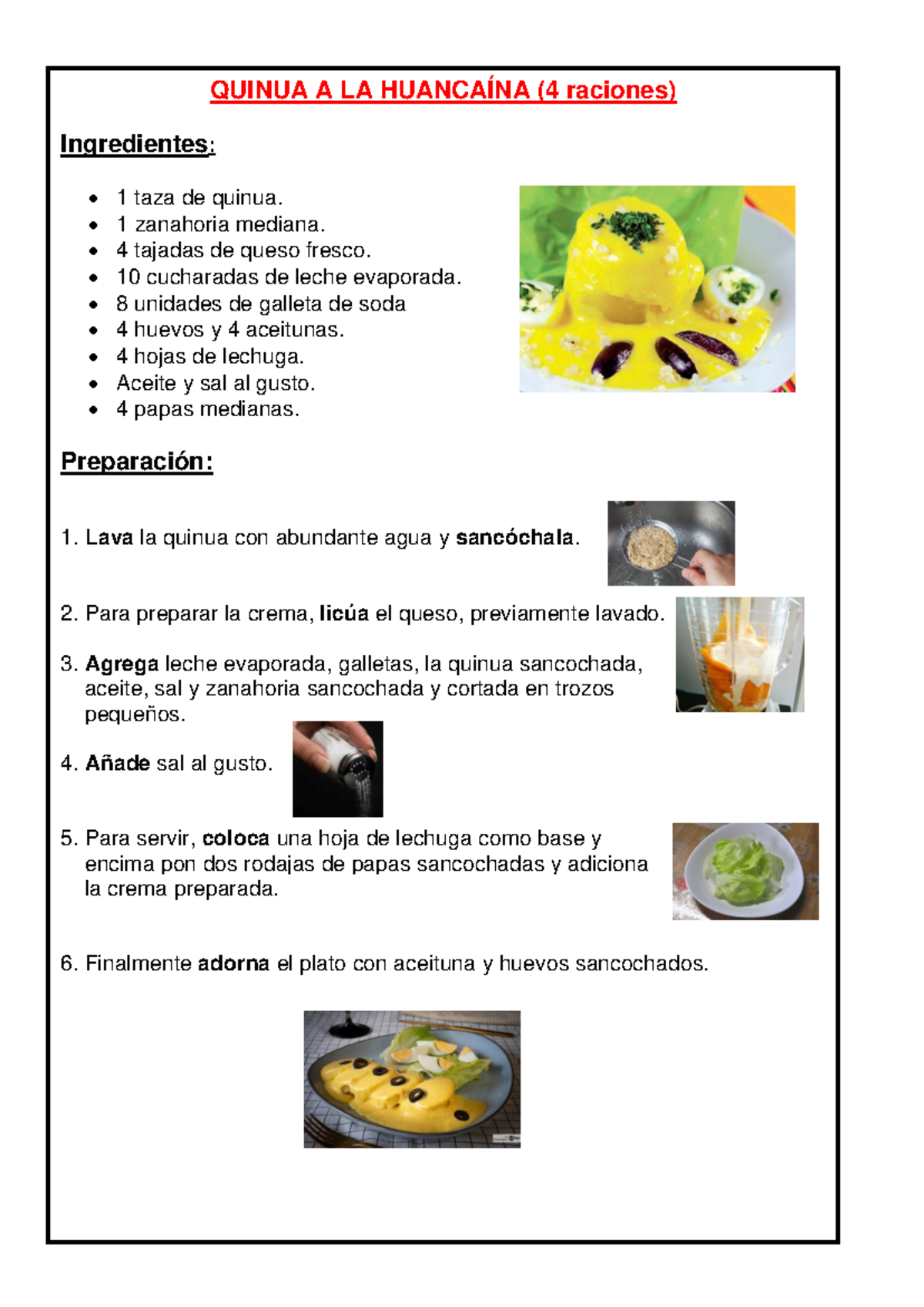 Quinua a la Huancaína - QUINUA A LA HUANCAÍNA (4 raciones) Ingredientes ...