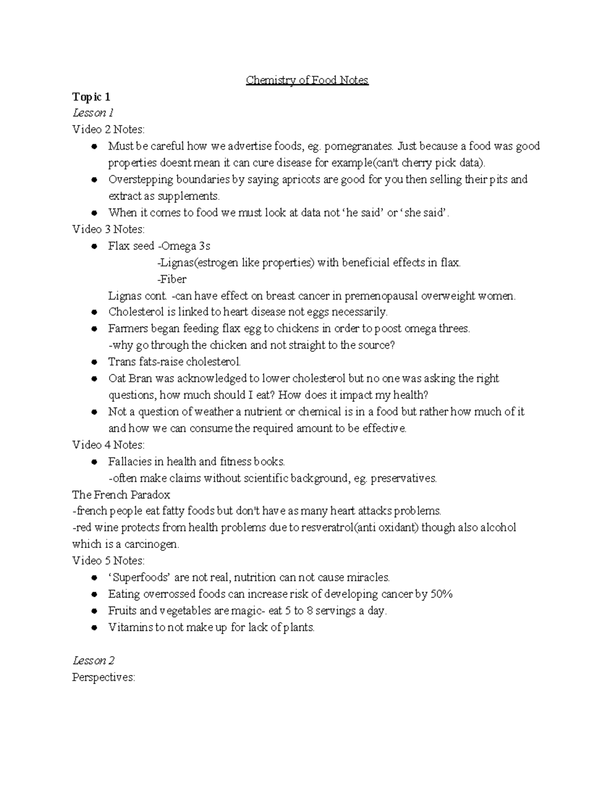 Chem of food - Lecture notes 1-4 - Chemistry of Food Notes Topic 1 ...