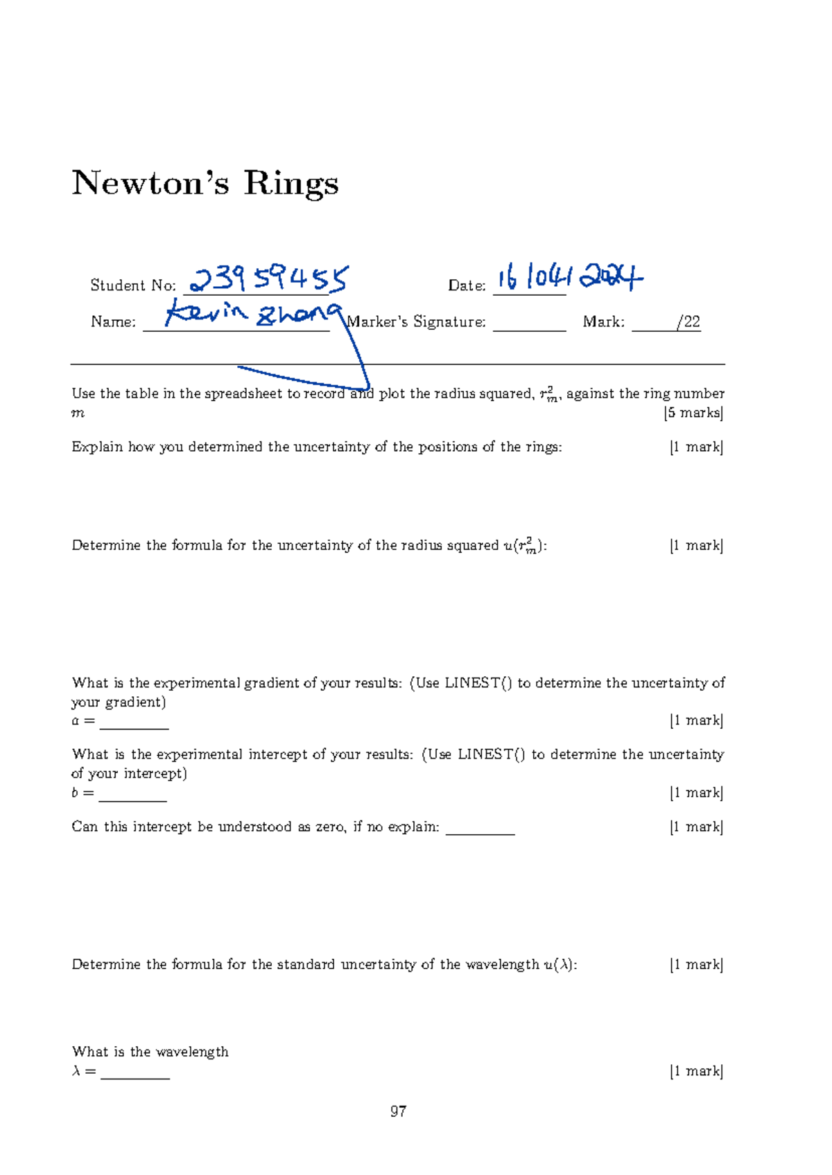 PHYS1001 Newtons Rings Worksheet - Newton’s Rings Student No: Some more text and Date: Some text ...