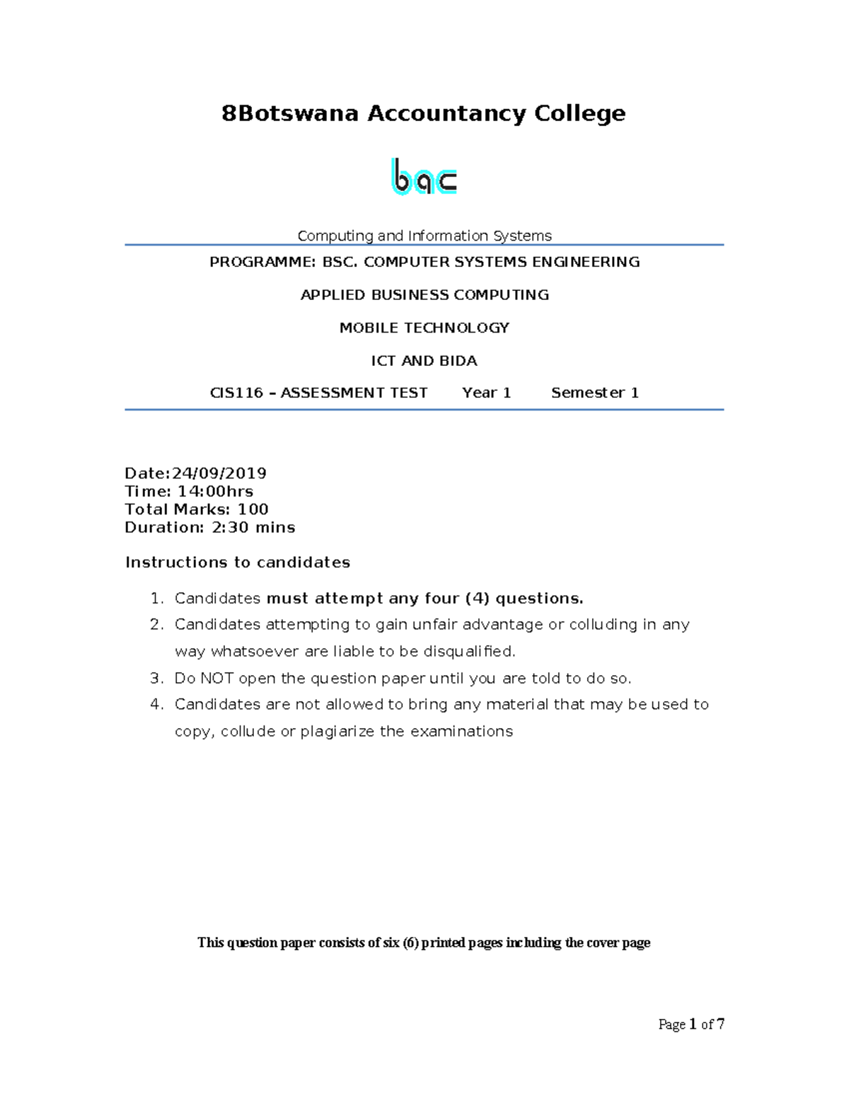 2019 asst Exam - 8Botswana Accountancy College Computing and Information Systems PROGRAMME: BSC ...