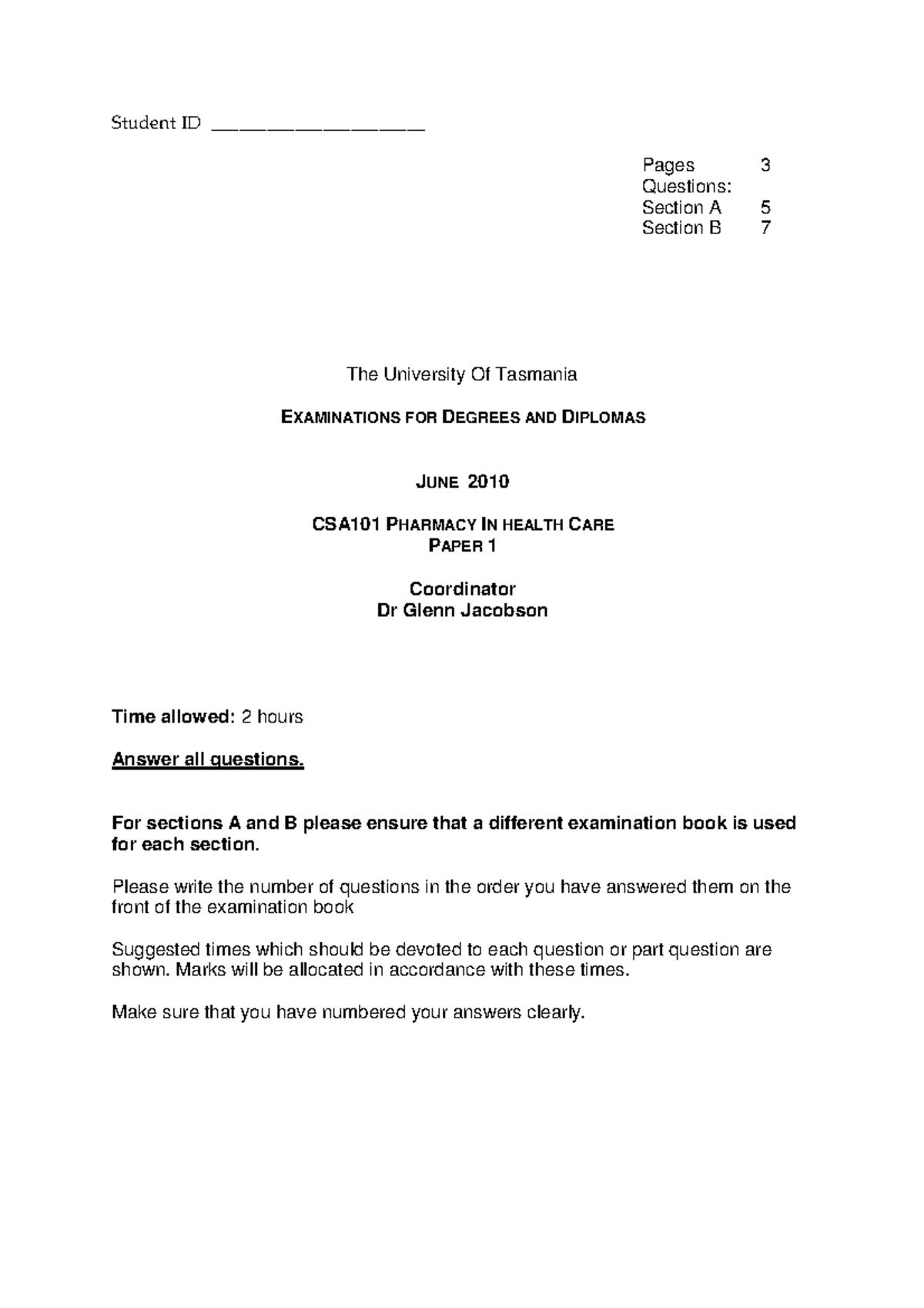 Exam June 2010, Questions - Student ID _______________________ Pages 3 ...