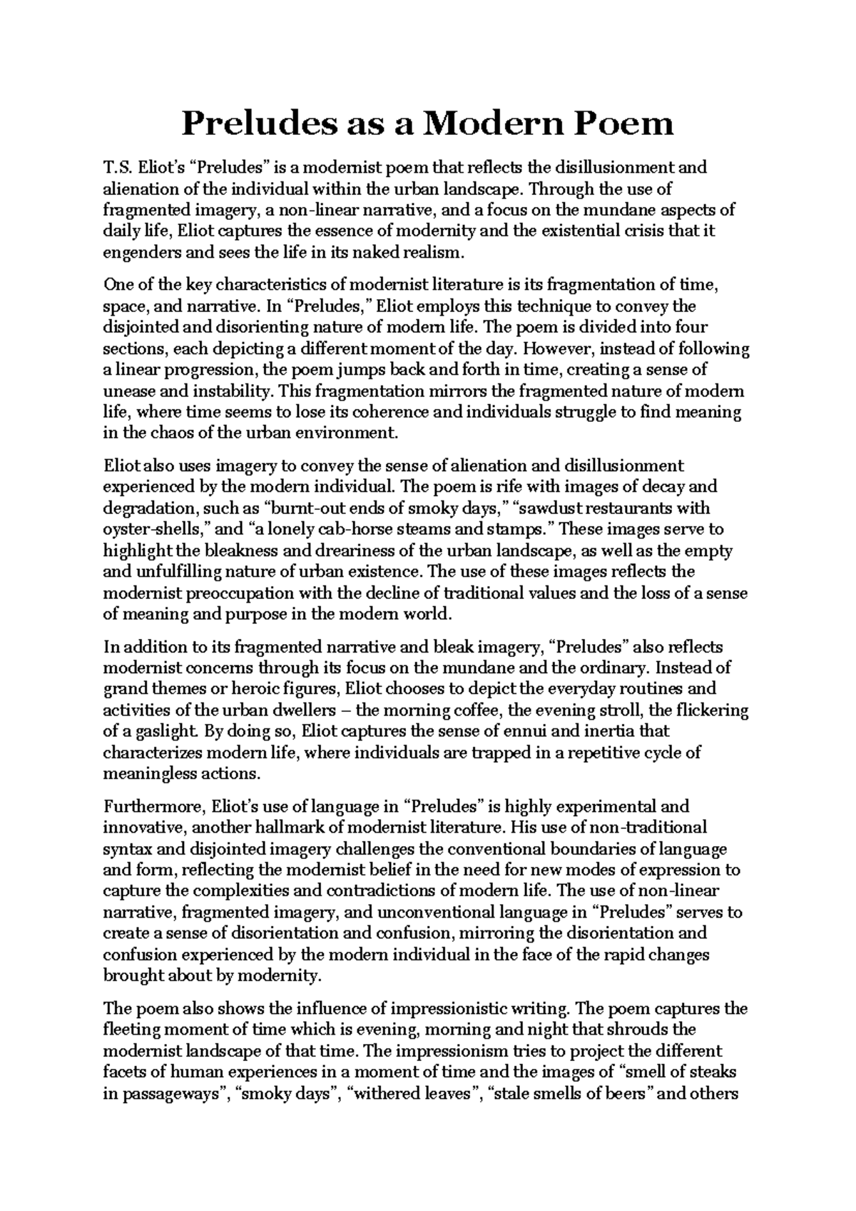 Preludes as a Modern Poem - Eliot’s “Preludes” is a modernist poem that ...