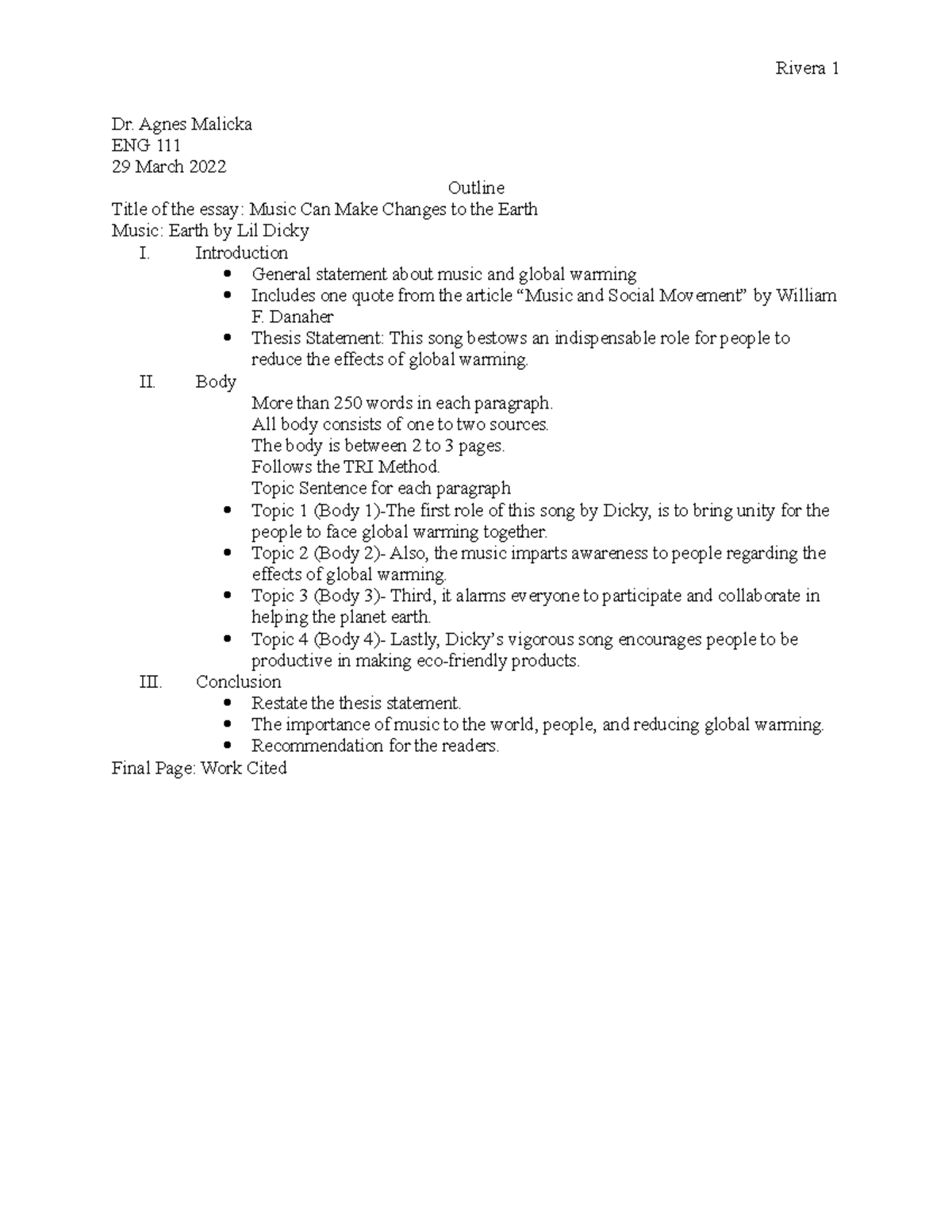 Nhyssa Rivera Essay 3 Outline - Rivera 1 Dr. Agnes Malicka ENG 111 29 ...