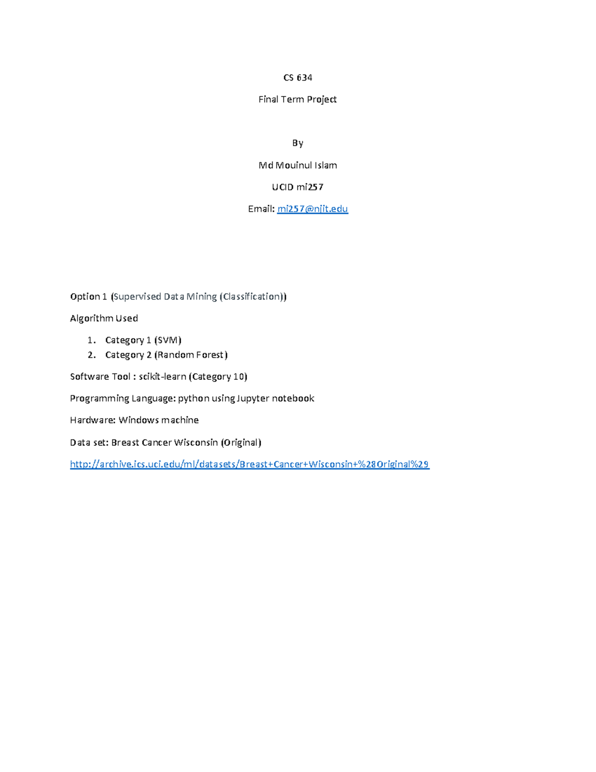 Md mouinul islam finaltermprojoption 1 - CS 634 Final Term Project By Md Mouinul Islam UCID mi ...