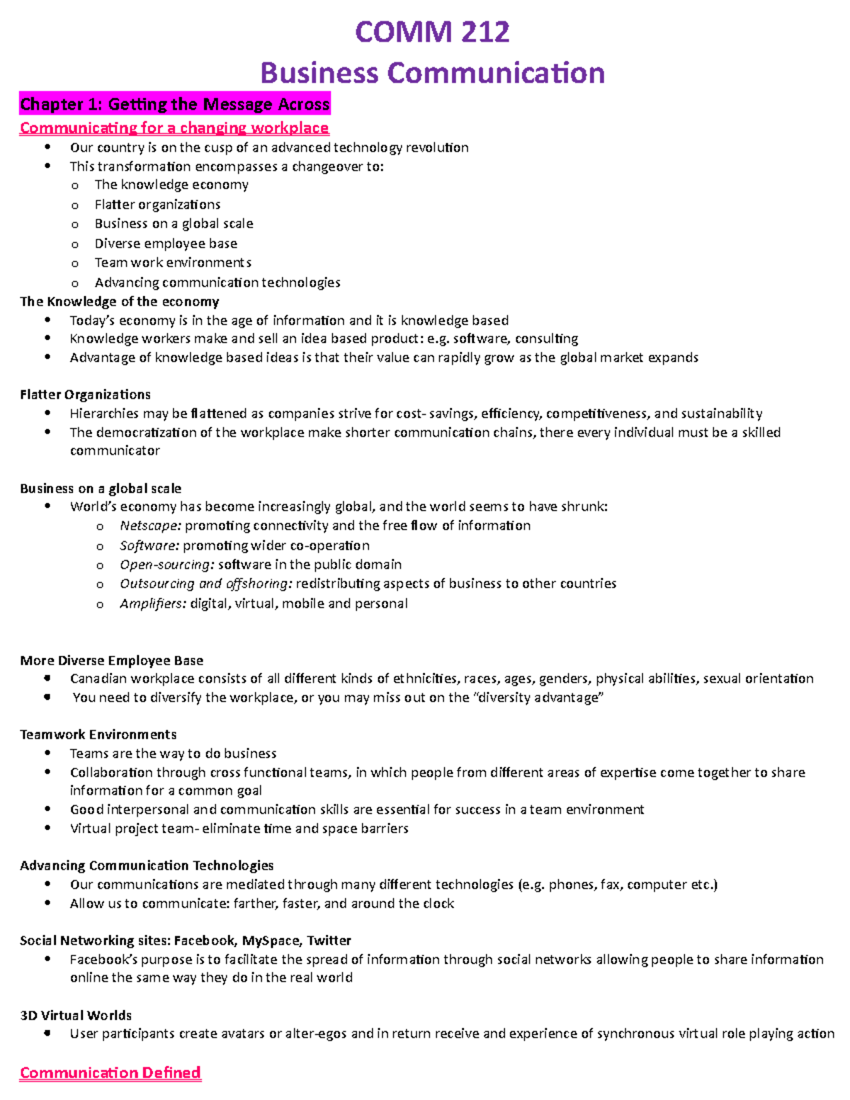 NEW comm 205 notes - COMM 212 Business Communication Chapter 1: Getting ...