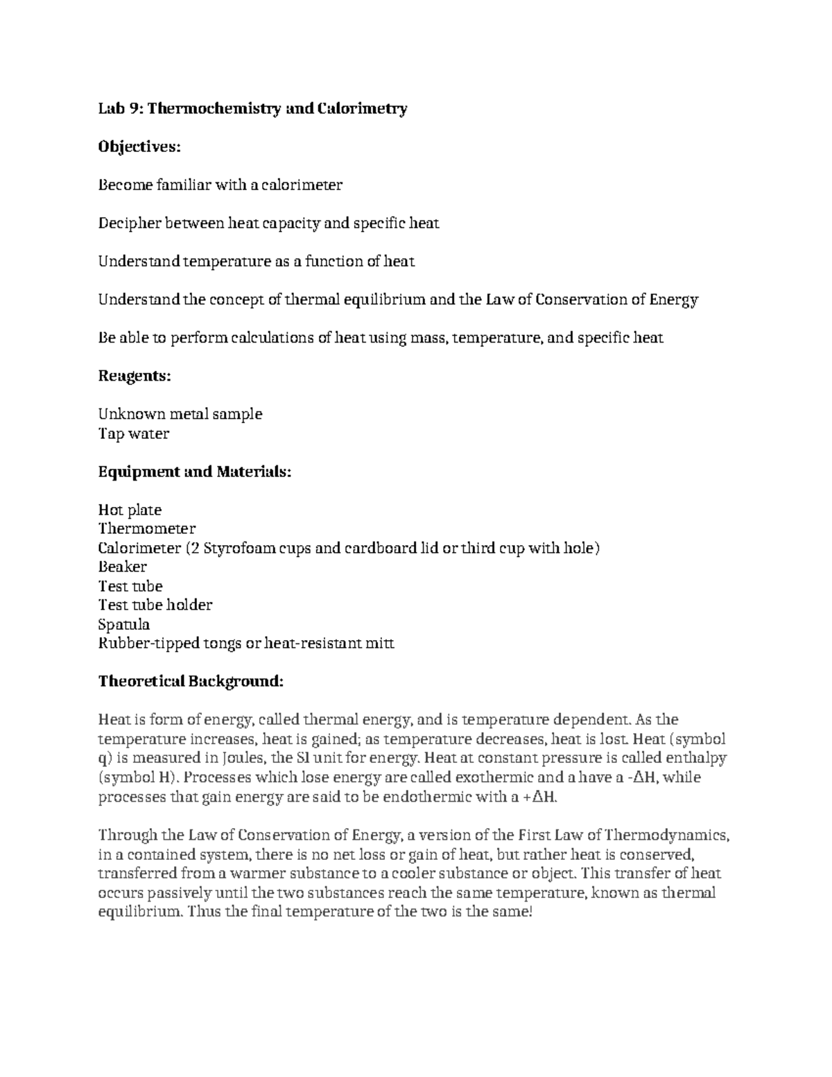 Lab+9+Thermochemistry+and+Calorimetry - Lab 9: Thermochemistry and ...