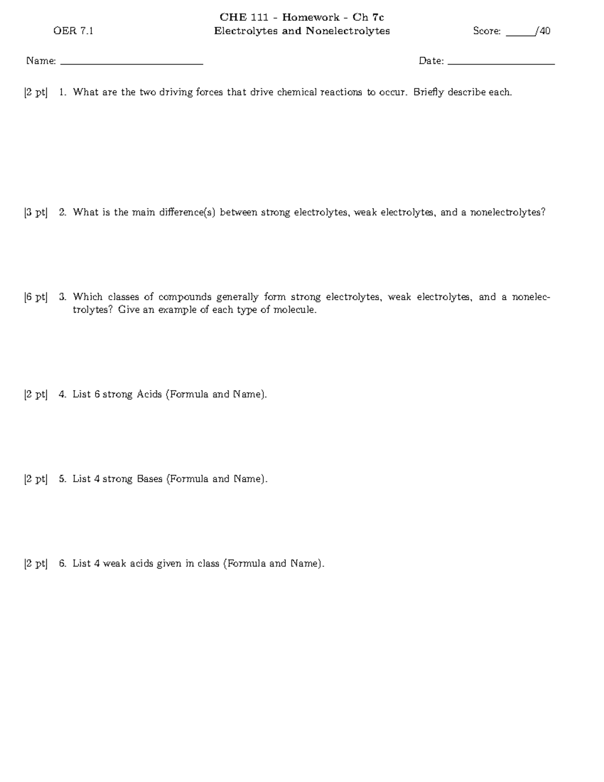 CHE Homework - homework - Name:OER 7 Electrolytes and Nonelectrolytes ...