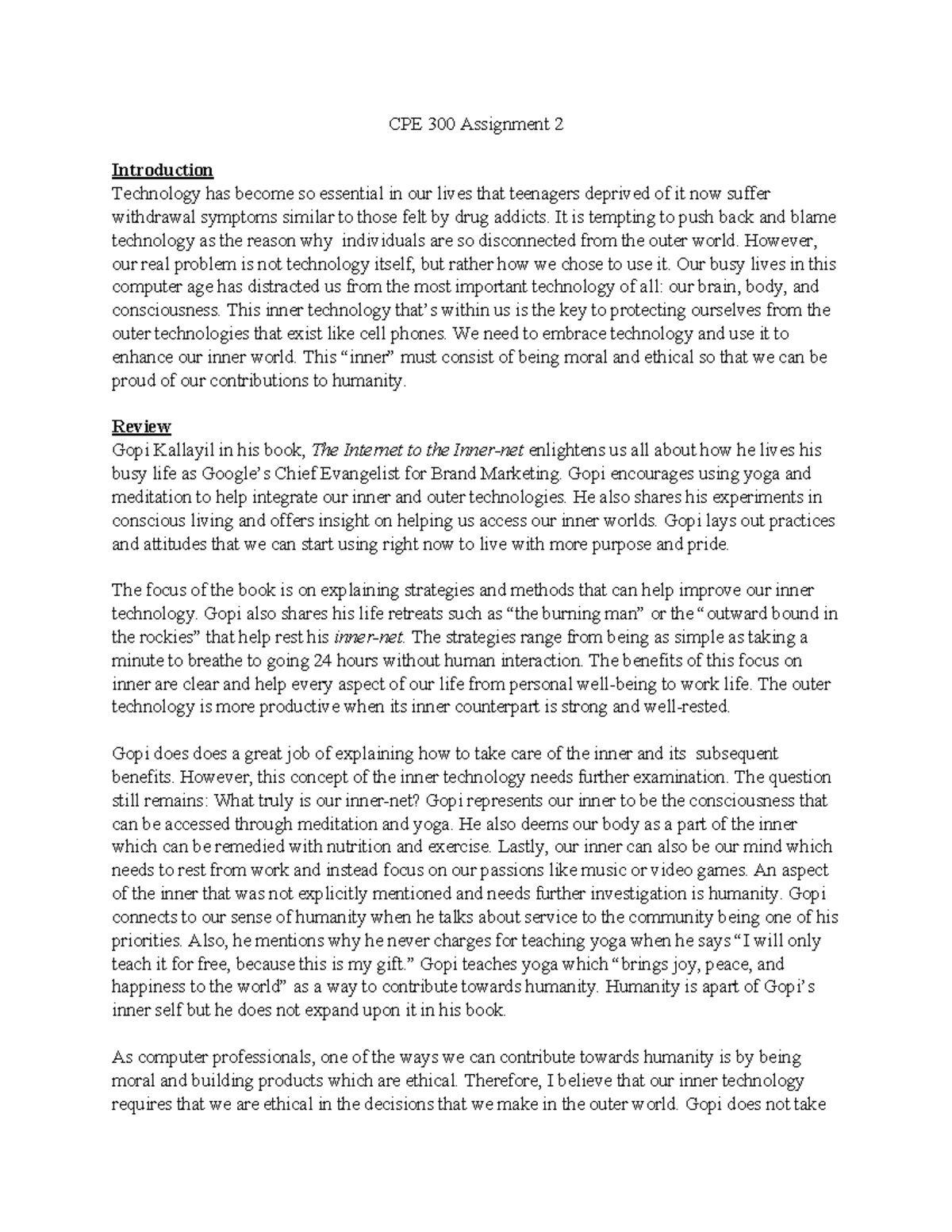 CPE 300 Assignment 2 - CPE 300 Assignment 2 Introduction Technology has ...