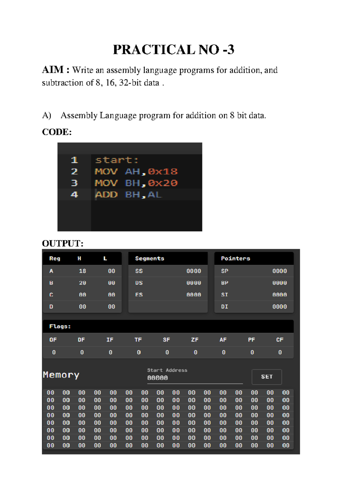Mahir patel document - b.tech - PRACTICAL NO - 3 AIM : Write an assembly language programs for ...