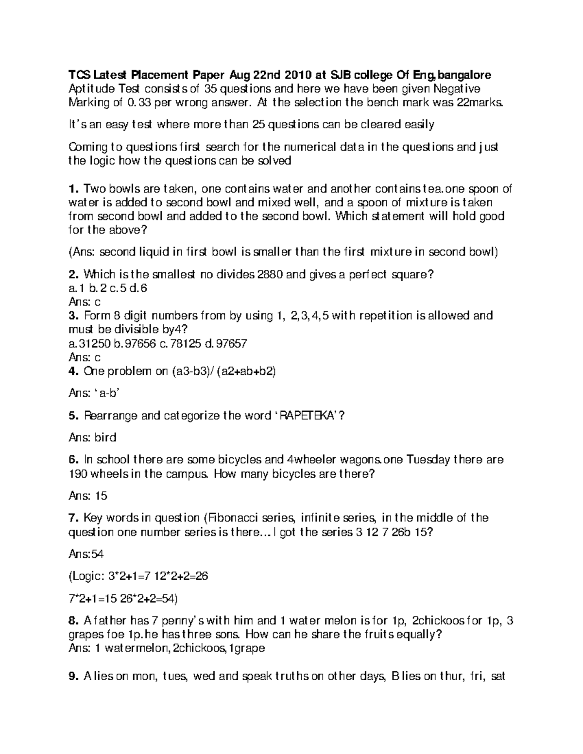 2497 tcs latest 2010 placement paper - TCS Latest Placement Paper Aug ...
