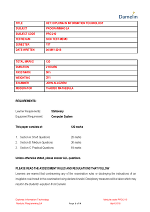 Programming 2B Special Exam Memo - TITLE HET: DIPLOMA INFORMATION TECHNOLOGY SUBJECT PROGRAMMING ...