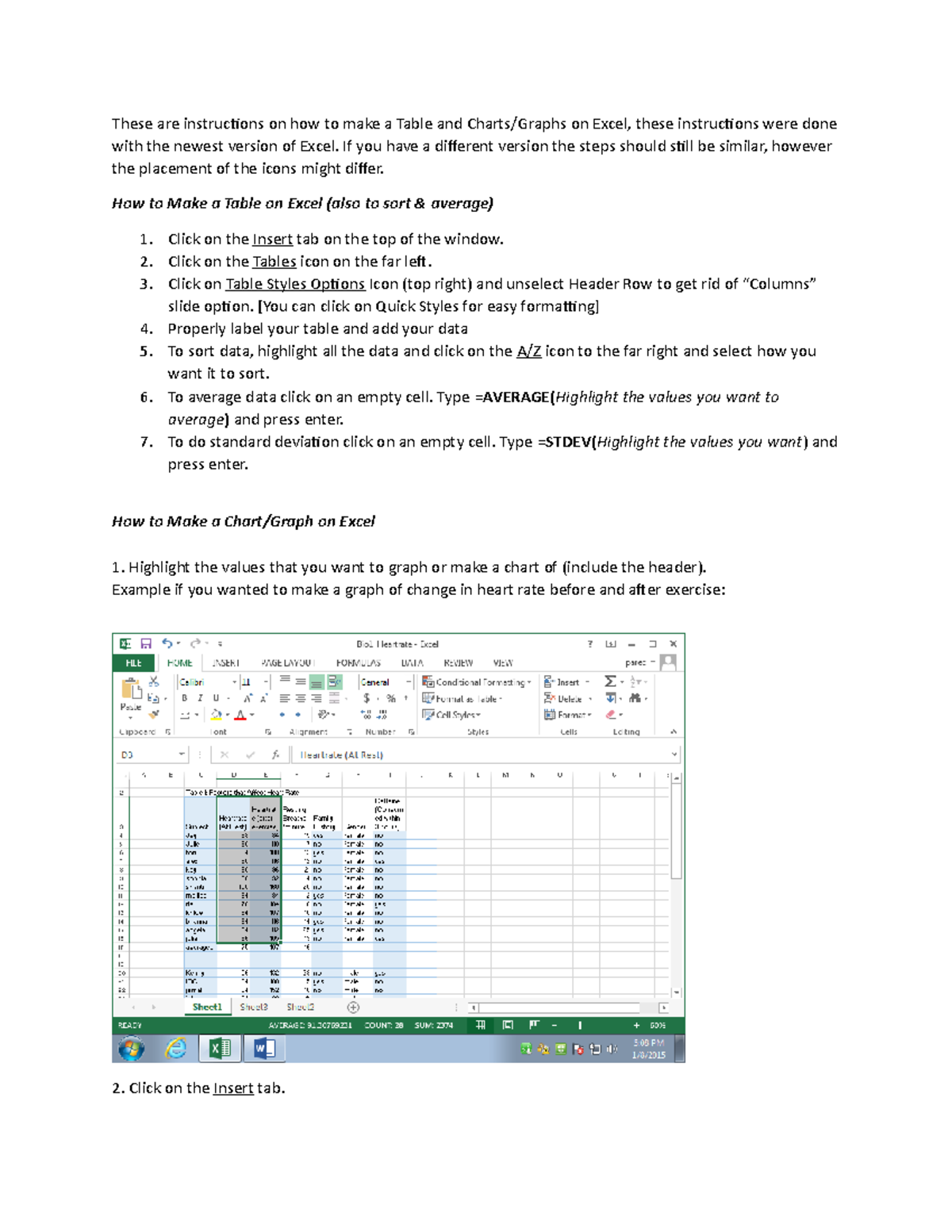 Excel Guide Tablesand Charts - These are instructions on how to make a ...
