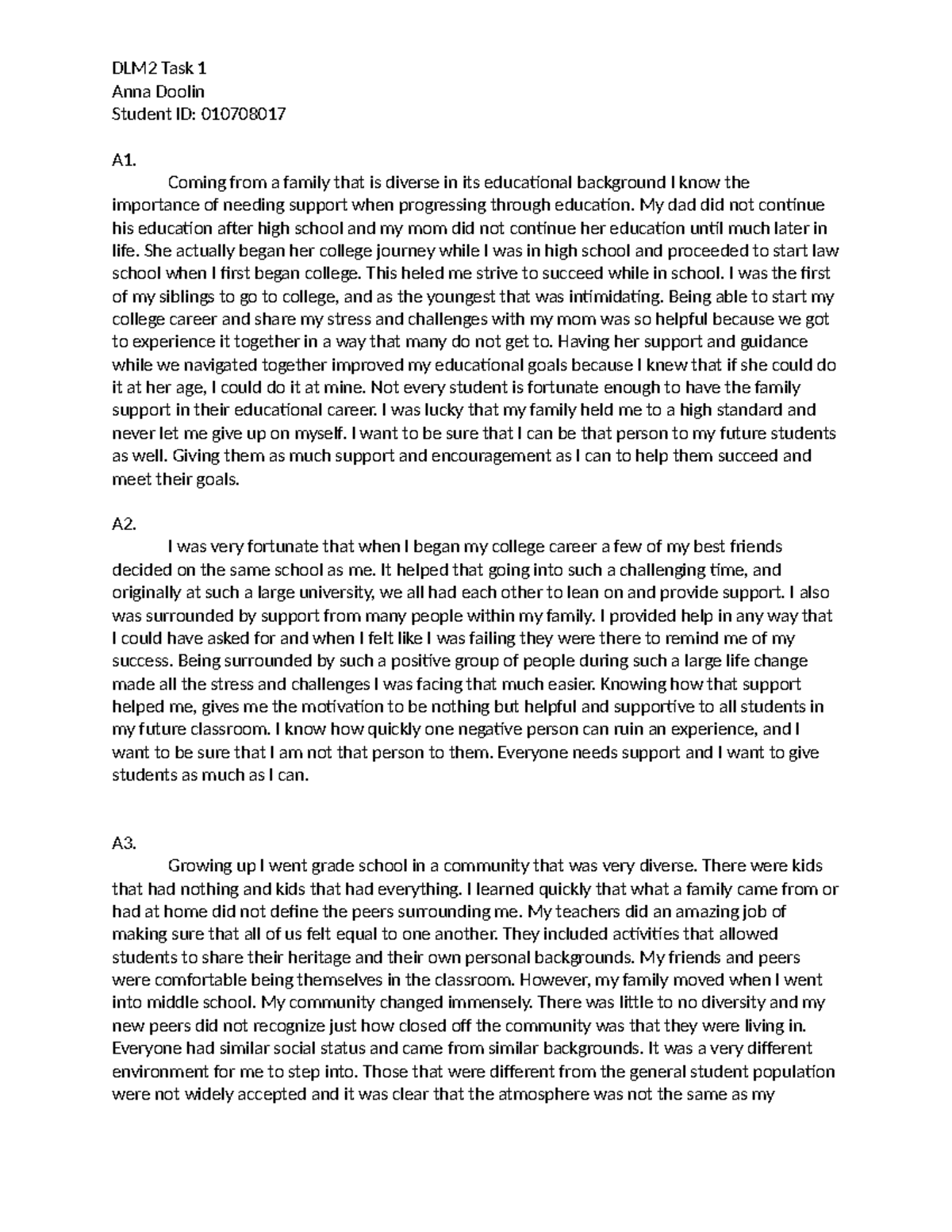 DLM2 Task 1 Passed - DLM2 Task 1 Anna Doolin Student ID: 010708017 A1 ...