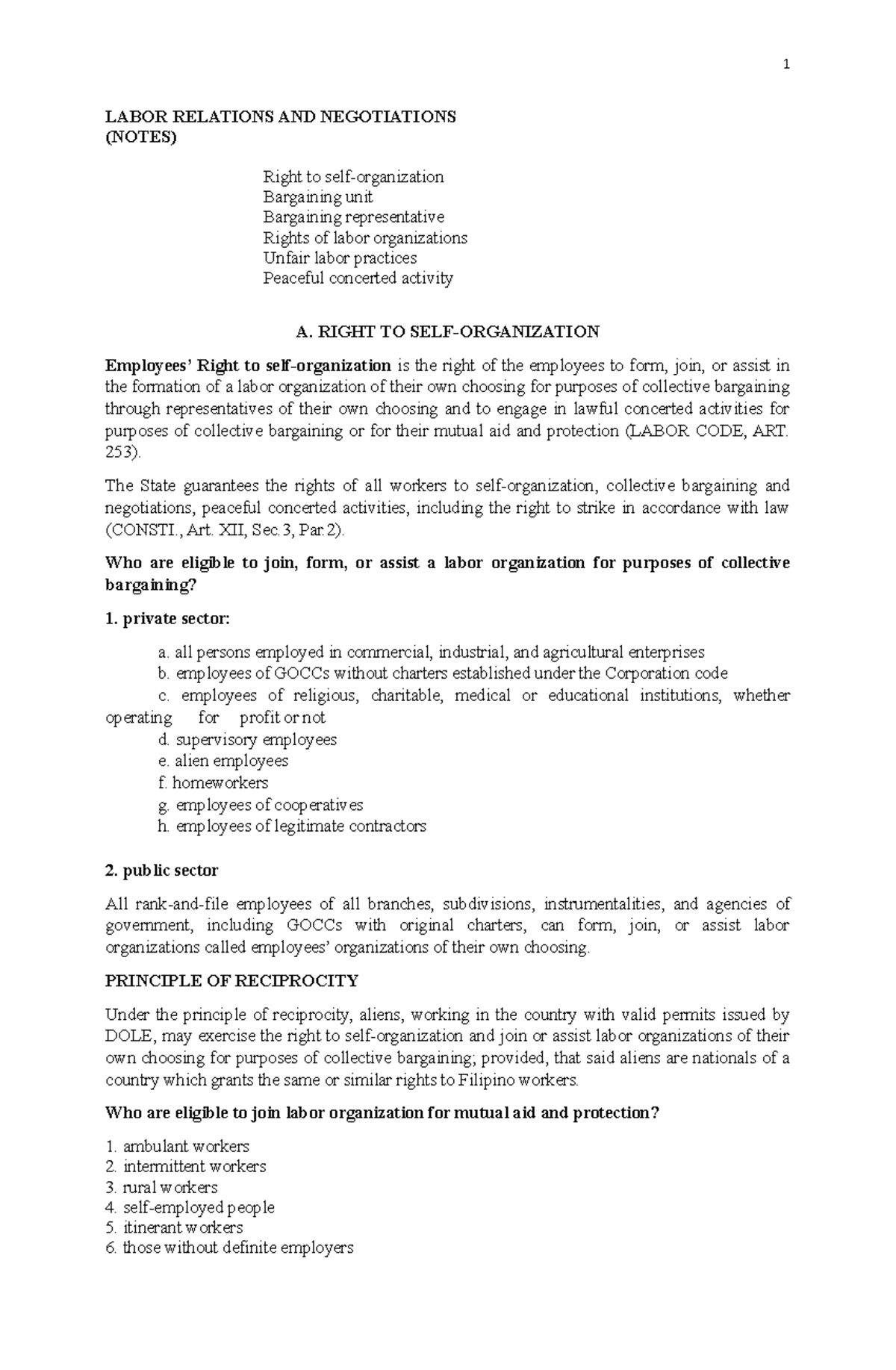 Module #1 - notes - LABOR RELATIONS AND NEGOTIATIONS (NOTES) Right to ...