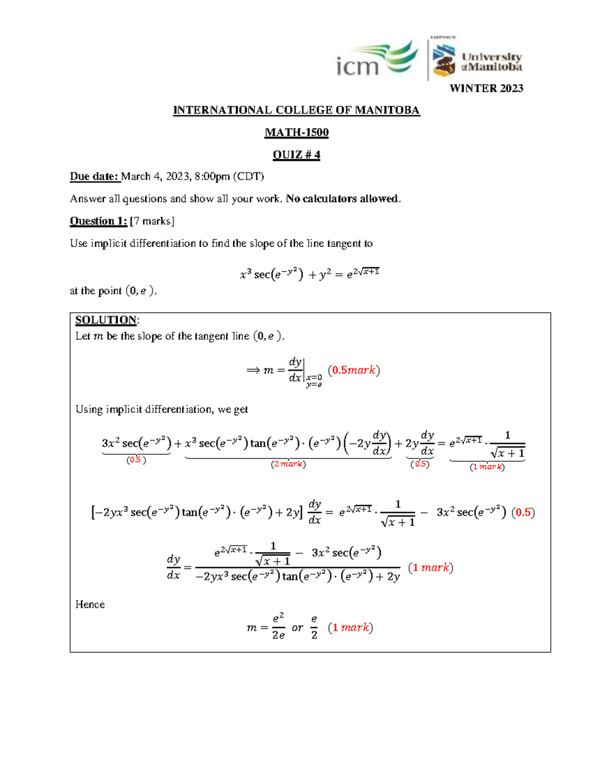 MATH-1500- Quiz-4-Winter 2023-Key - WINTER 2023 INTERNATIONAL COLLEGE ...